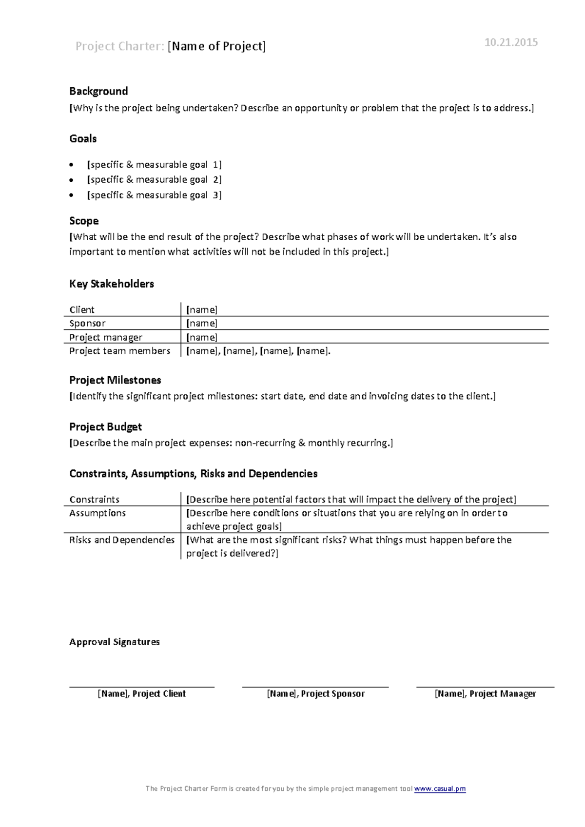 2.1 Project Charter Template - Project Charter: [Name of Project] 10 ...