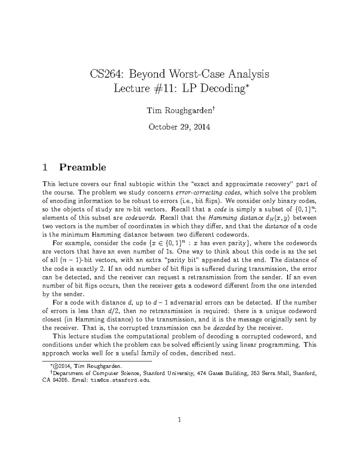L11 Prof Is Naveen Garg Cs264 Beyond Worst Case Analysis Lecture 11 Lp Decoding ∗ Tim