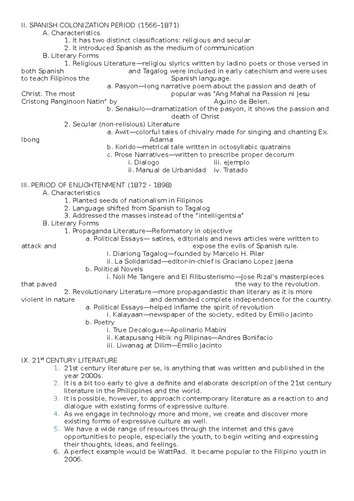 Period PHIL LIT - Lecture notes - II. SPANISH COLONIZATION PERIOD (1566 ...