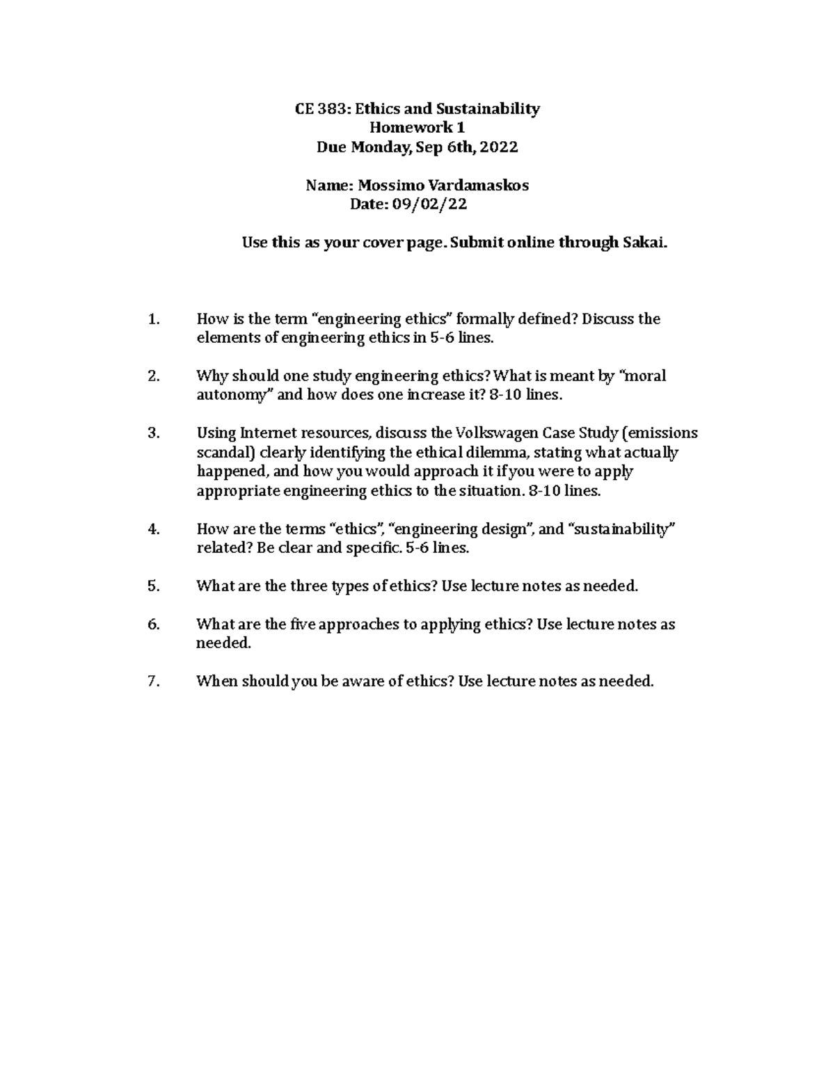 CE 383 - Homework #1 - CE 383: Ethics and Sustainability Homework 1 Due ...
