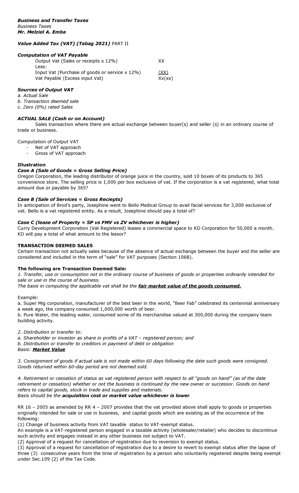 VAT-Part-II - assignment - Business and Transfer Taxes Business Taxes ...