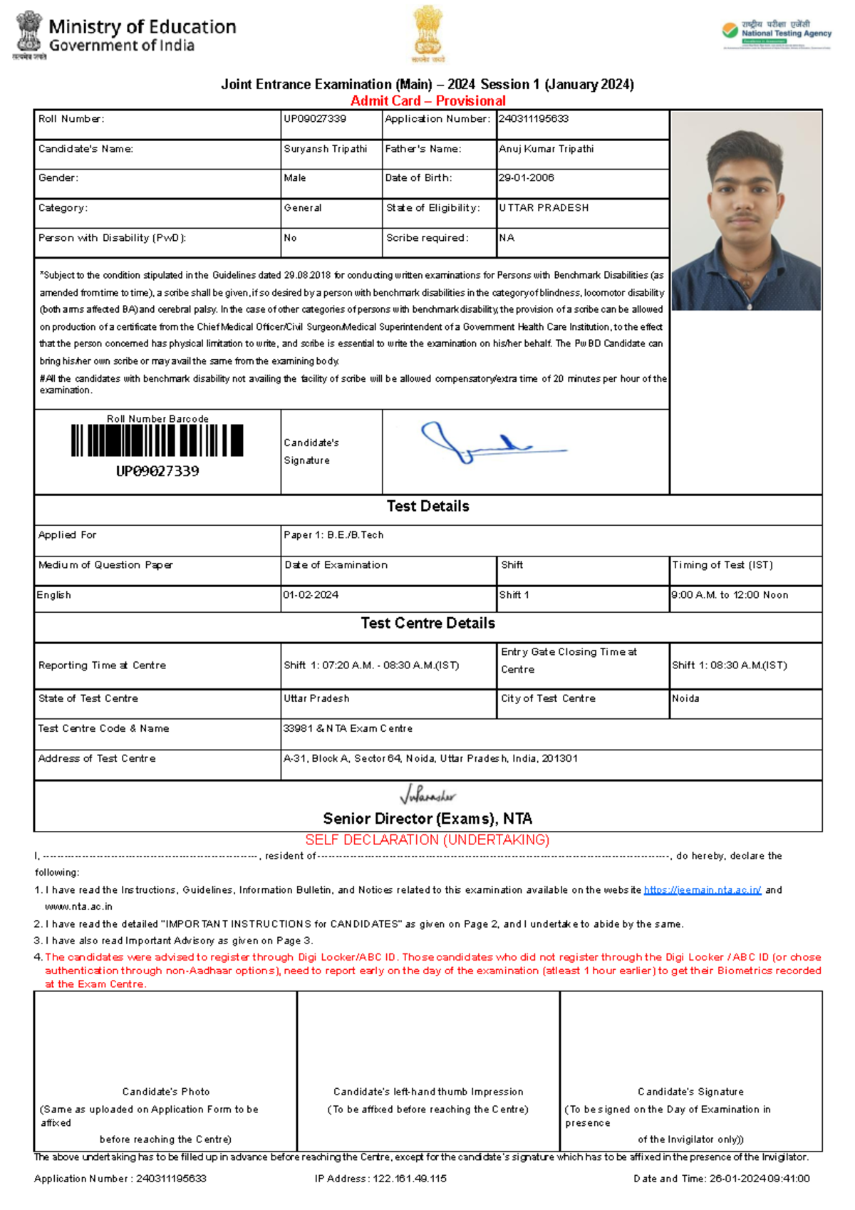Jee admit-card - ccfd - Joint Entrance Examination (Main) – 2024 ...
