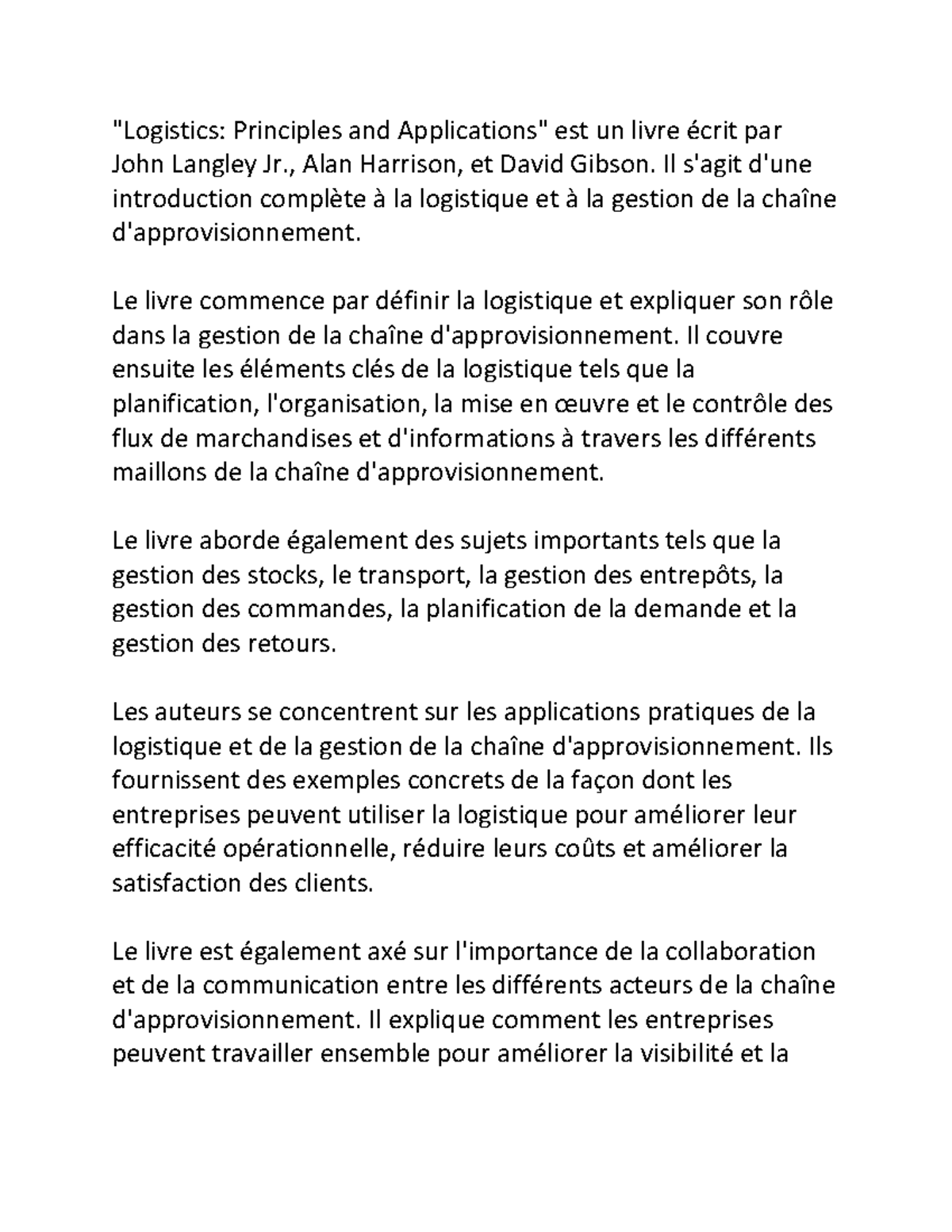 Logistics - RESUME - "Logistics: Principles and Applications" est un ...