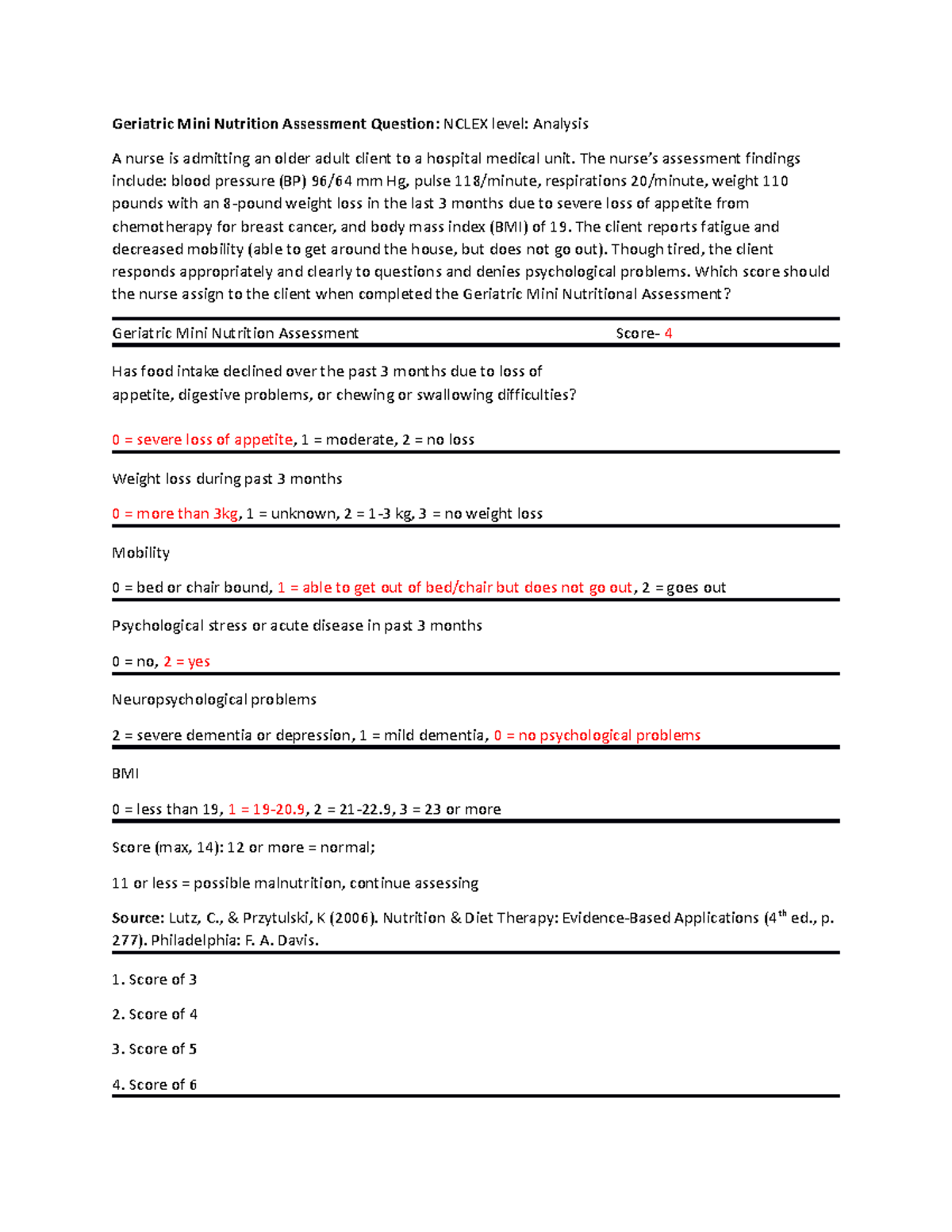 Geriatric Mini Nutrition Assessment Questions - The nurse’s assessment ...