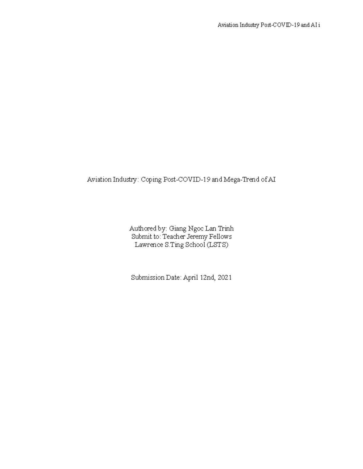 Aviation Persuasive Research Paper - Aviation Industry Post-COVID-19 ...