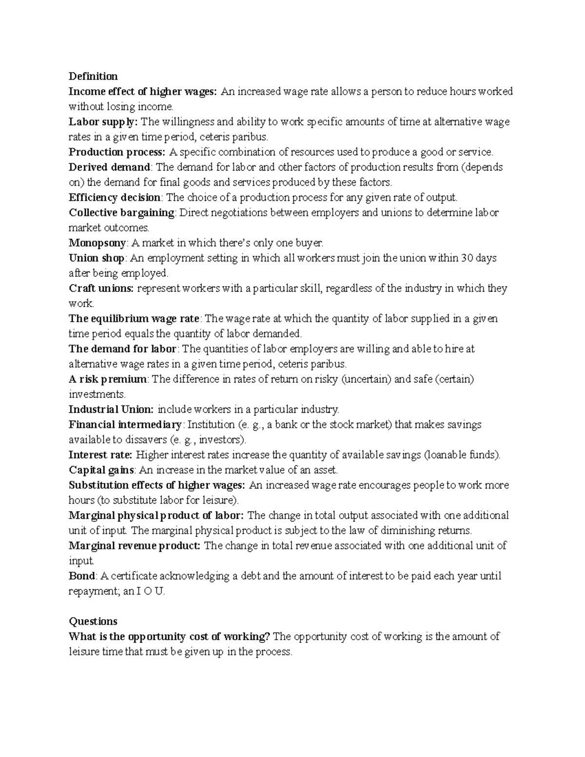 ECO Exam 5 - ECO Exam 5 - Definition Income effect of higher wages: An ...