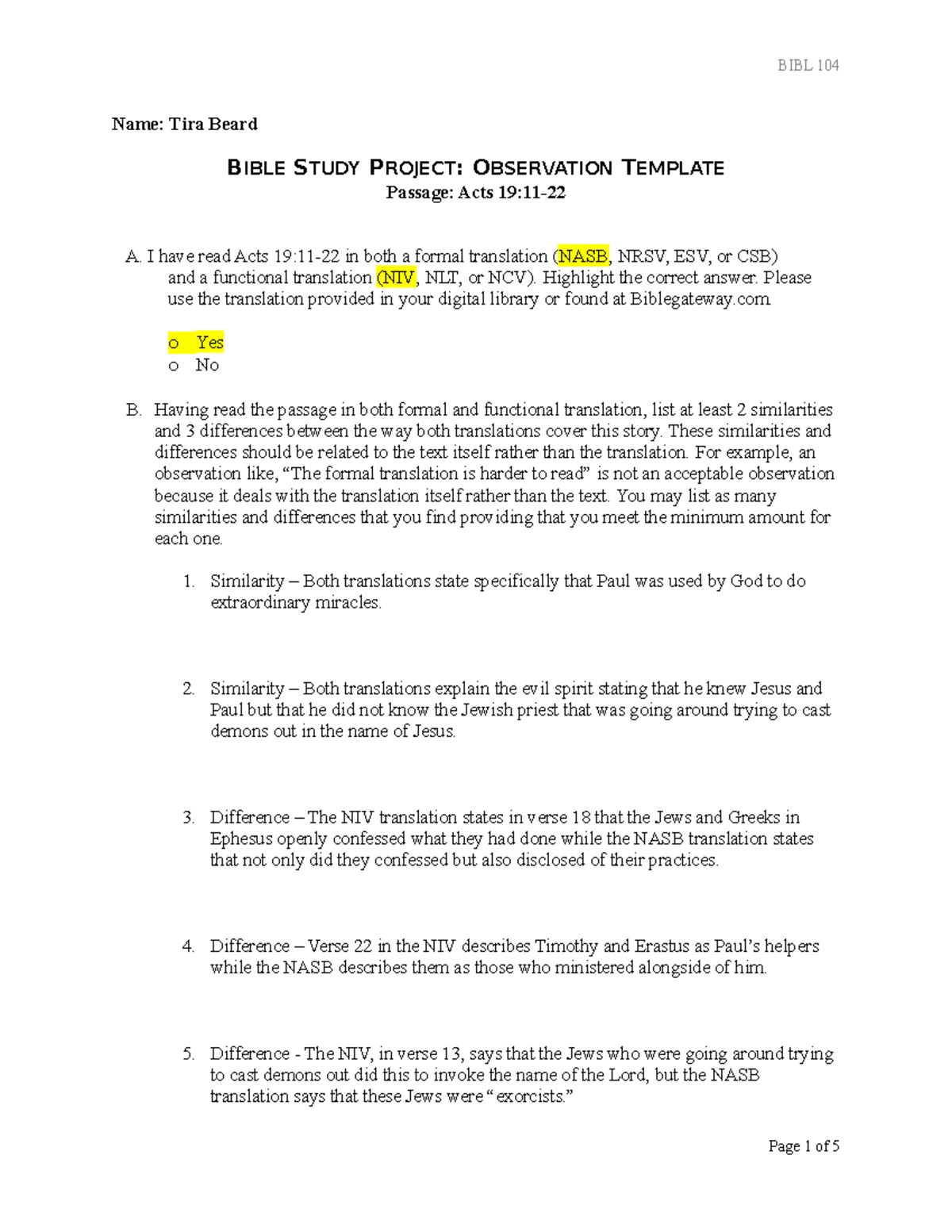 Bible Study Project Observation - Name: Tira Beard BIBLE STUDY PROJECT ...