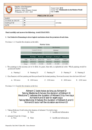 Prelim Exam SET B - Read carefully and answer the following. Avoid ...