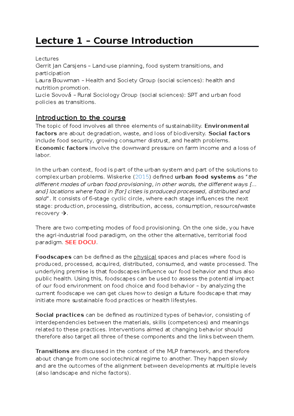 Summary Foodscapes, Urban Lifestyles and Transitions - Lecture 1 – Course Introduction Lectures ...