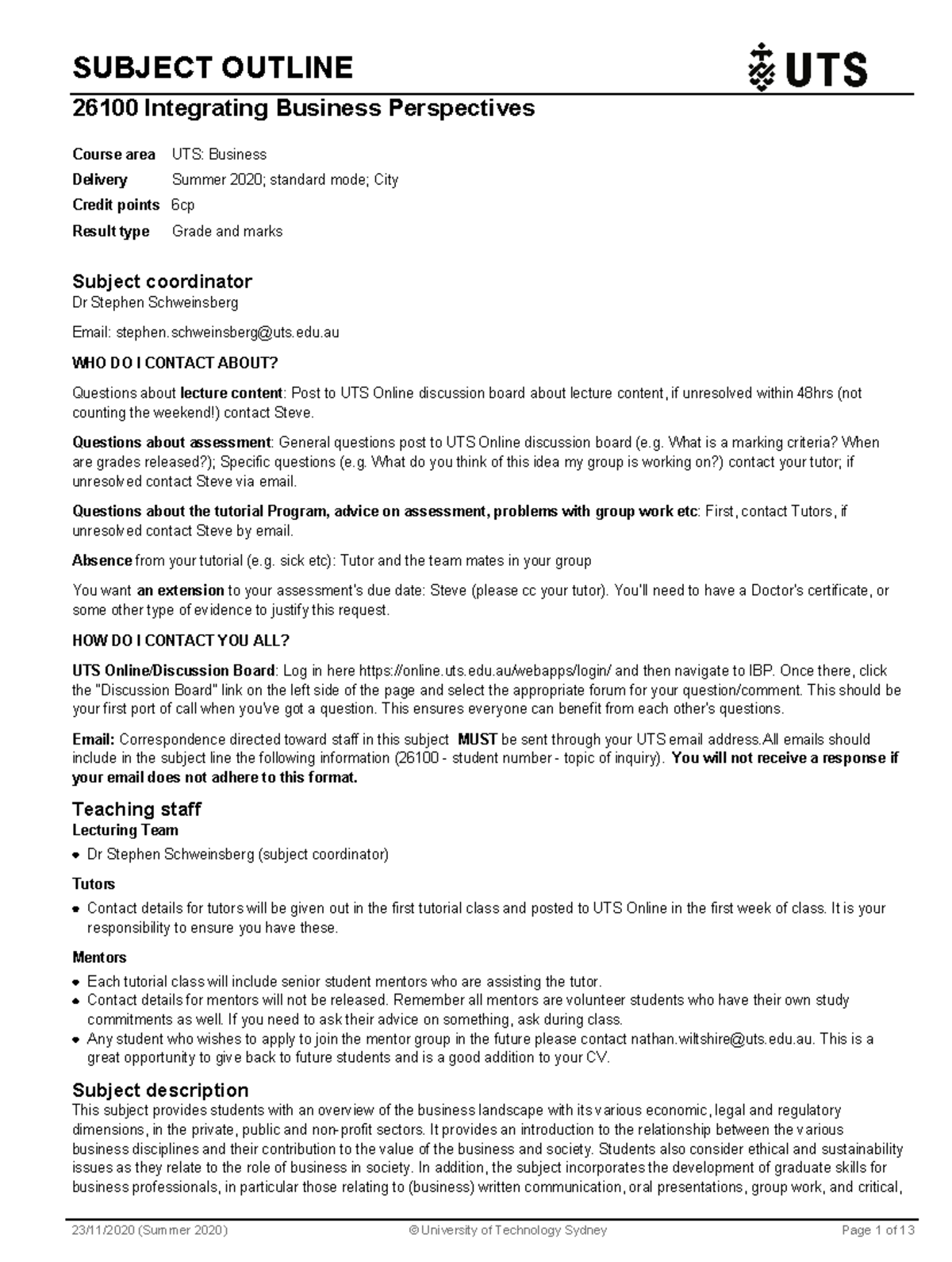 26100 IBP subject outline - SUBJECT OUTLINE 26100 Integrating Business ...