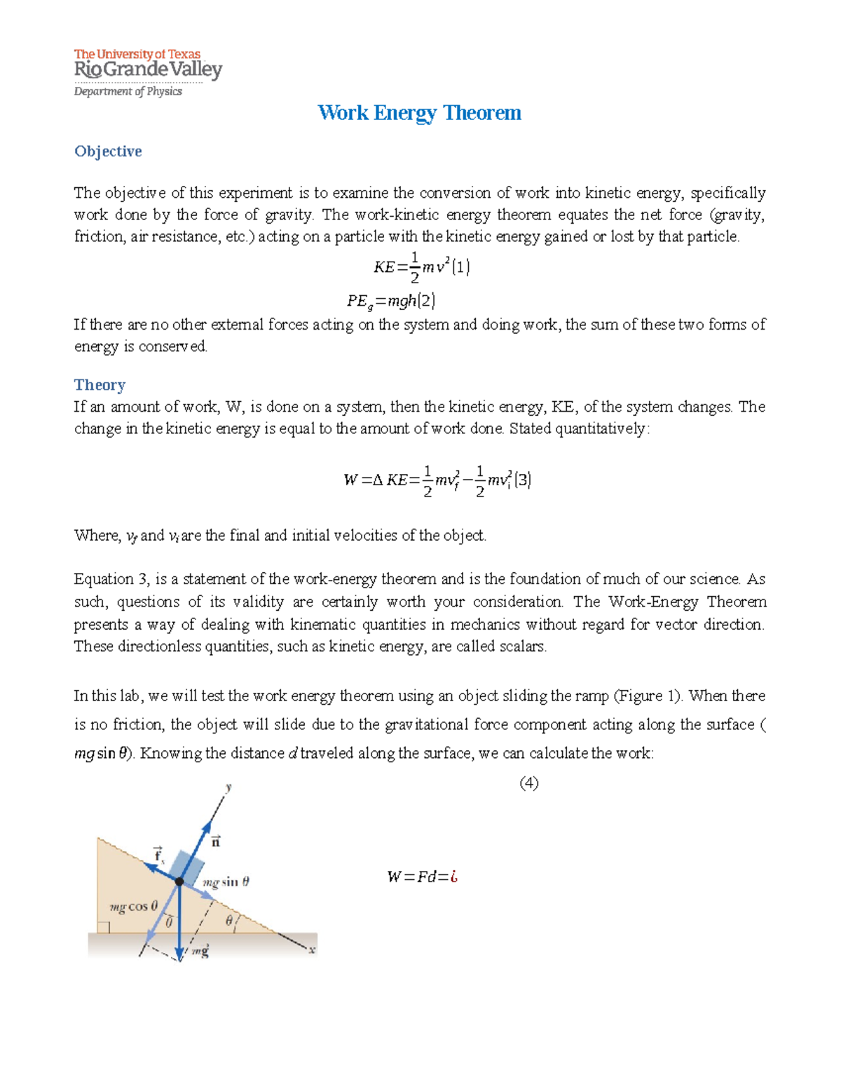 05 WORK Energy Theorem LAB Fall 2022 - Work Energy Theorem Objective ...