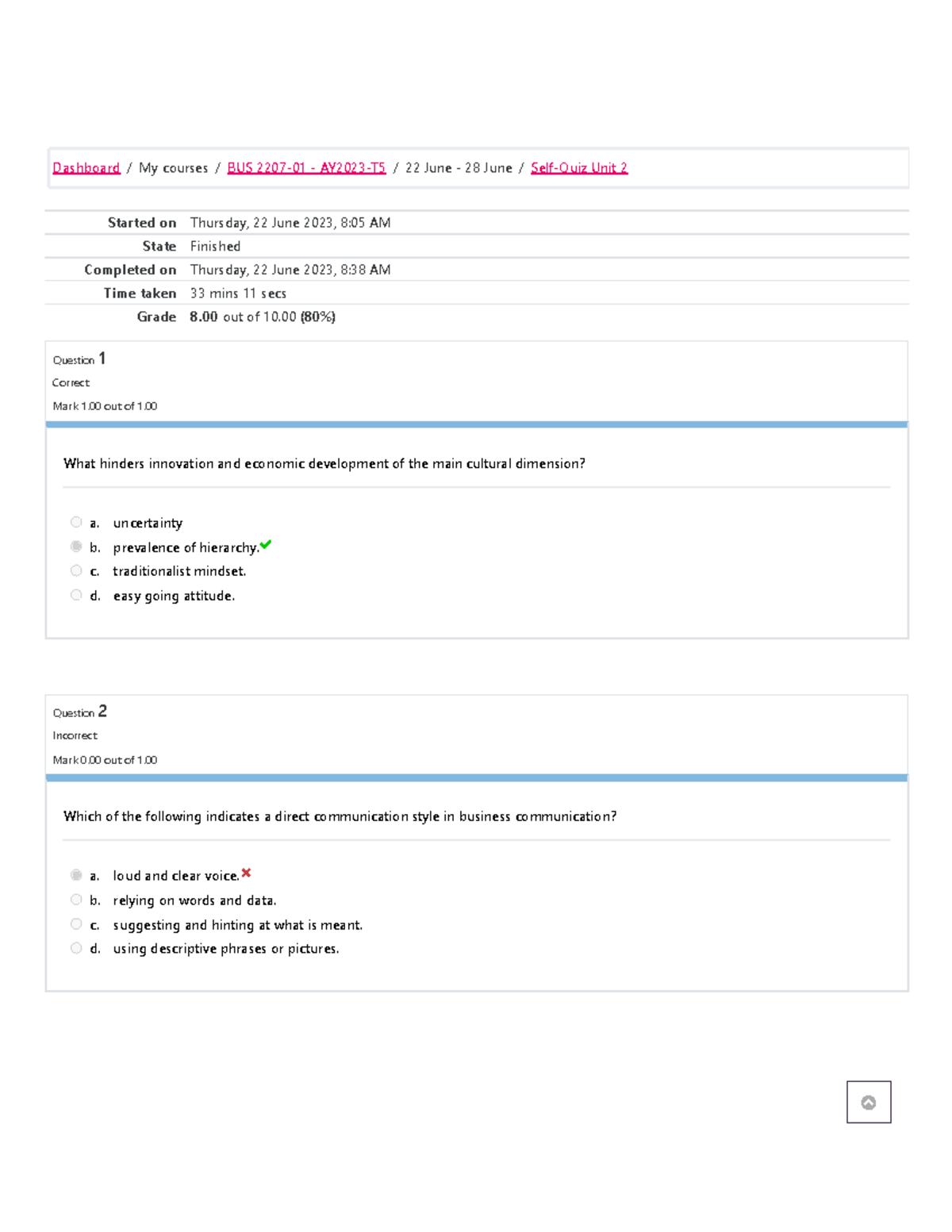 Self-Quiz Unit 2 Attempt review BUS 2207 - Started on Thursday, 22 June ...
