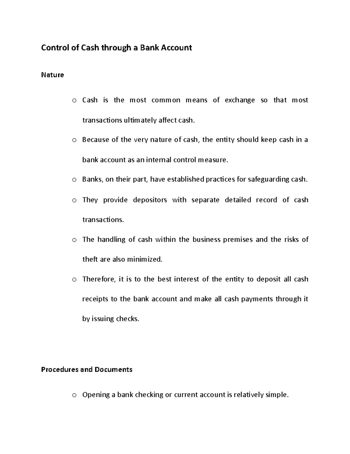 Control of Cash through a Bank Account - Control of Cash through a Bank ...