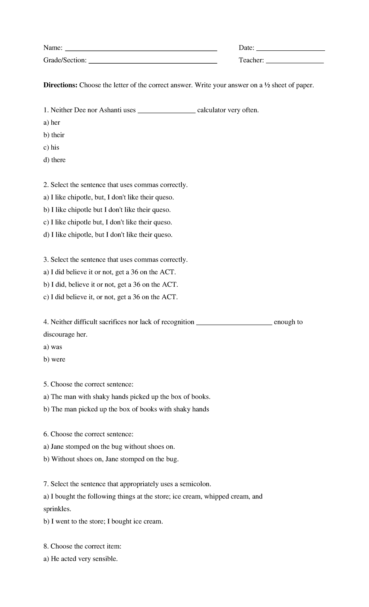 Grade 9 grammar quiz - Name: Date: ___________________ Grade/Section ...