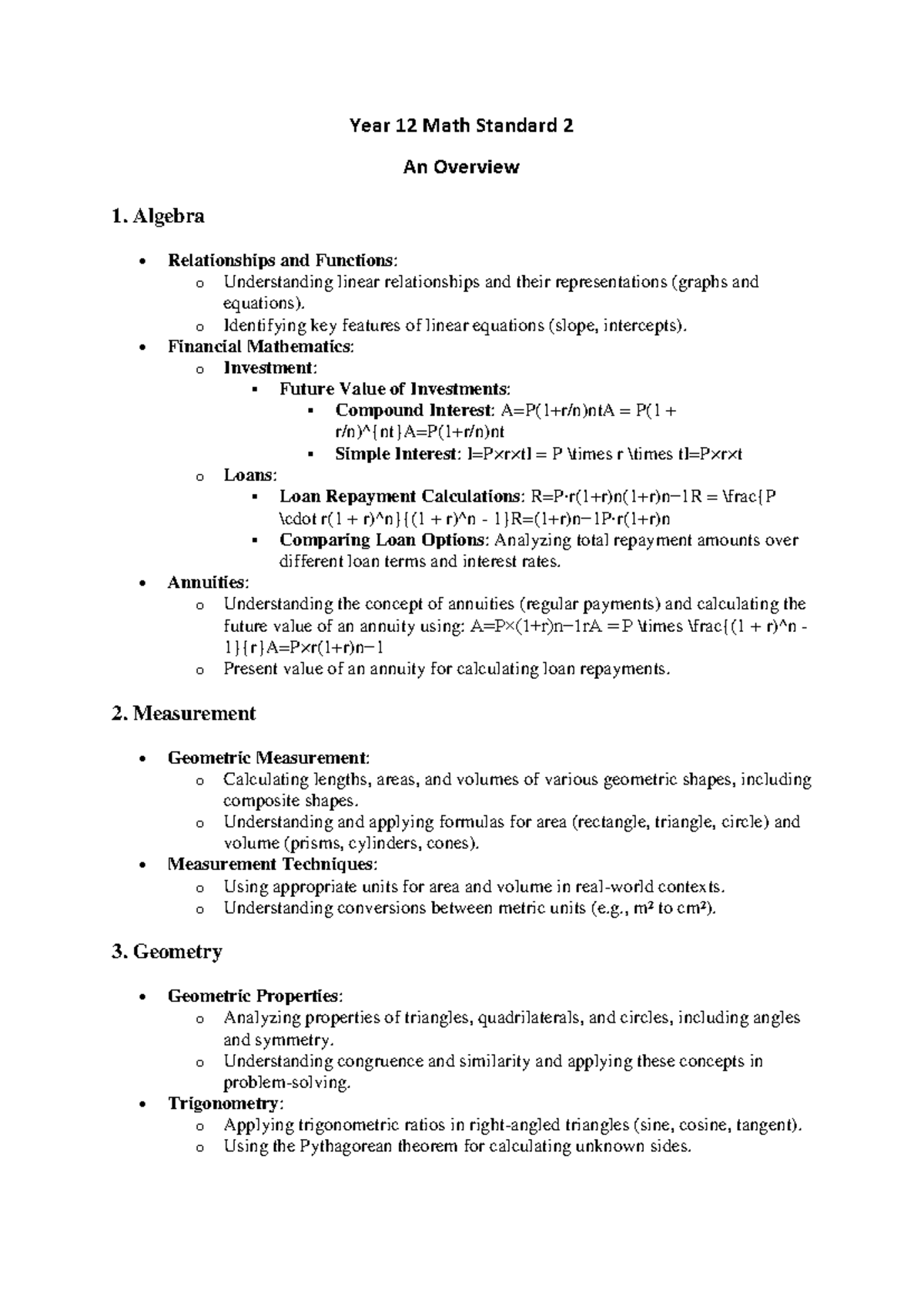 Year 12 Math Standard 2 - An Overview -2024 - Year 12 Math Standard 2 ...