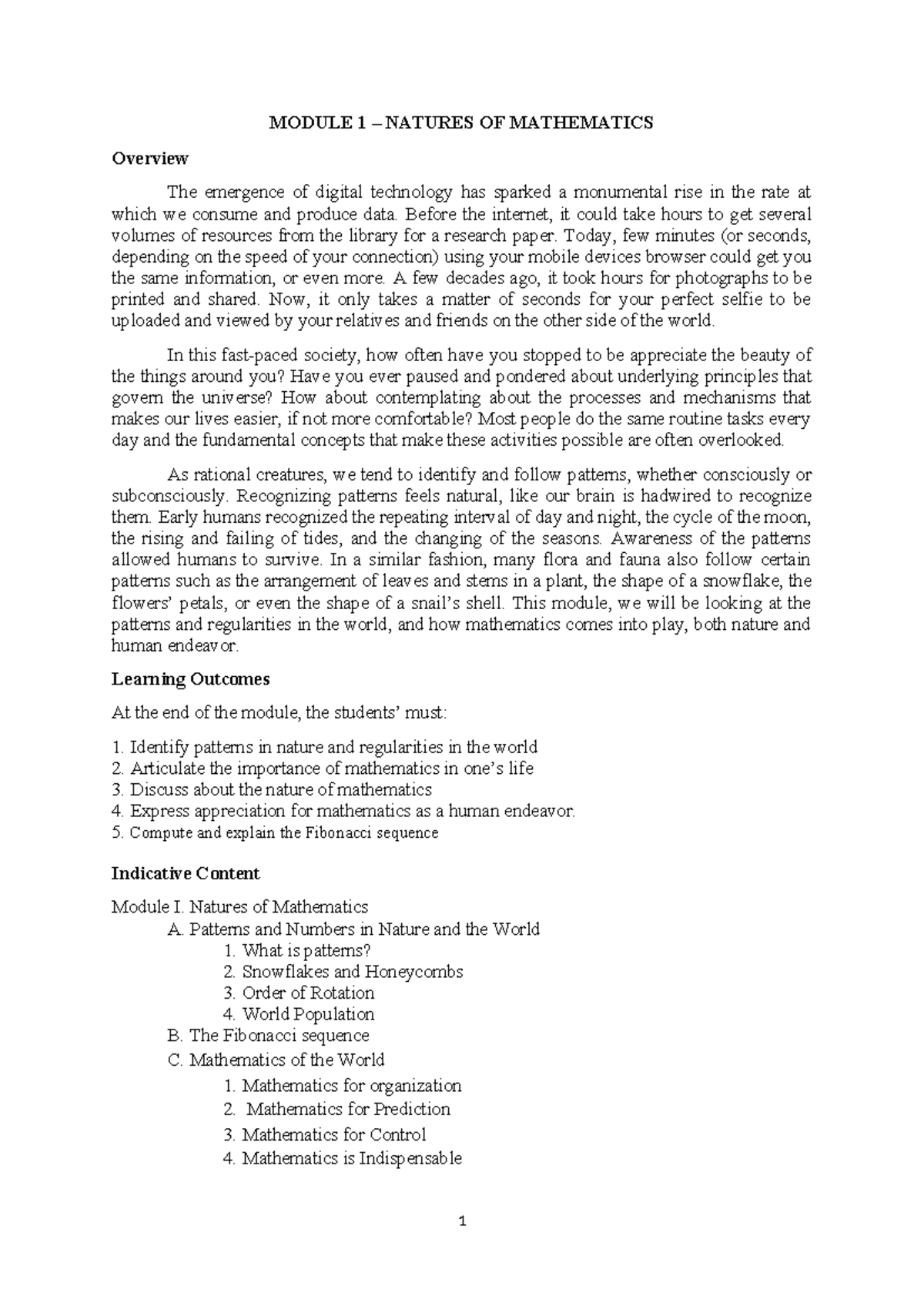 GE 104 - Nature of Mathematics - MODULE 1 – NATURES OF MATHEMATICS Overview The emergence of ...