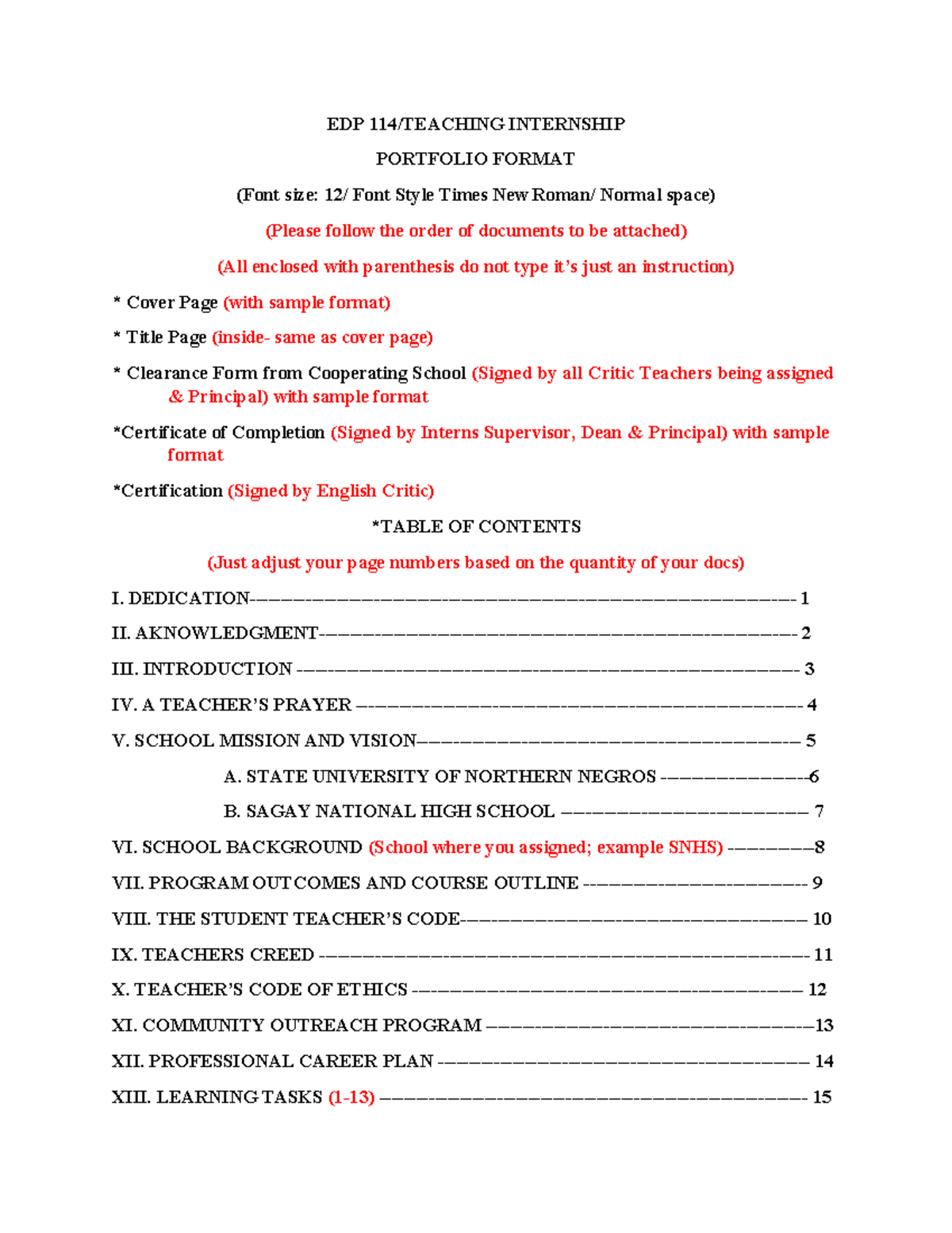 EDP 114 Teaching Internship Portfolio Format - EDP 114/TEACHING ...