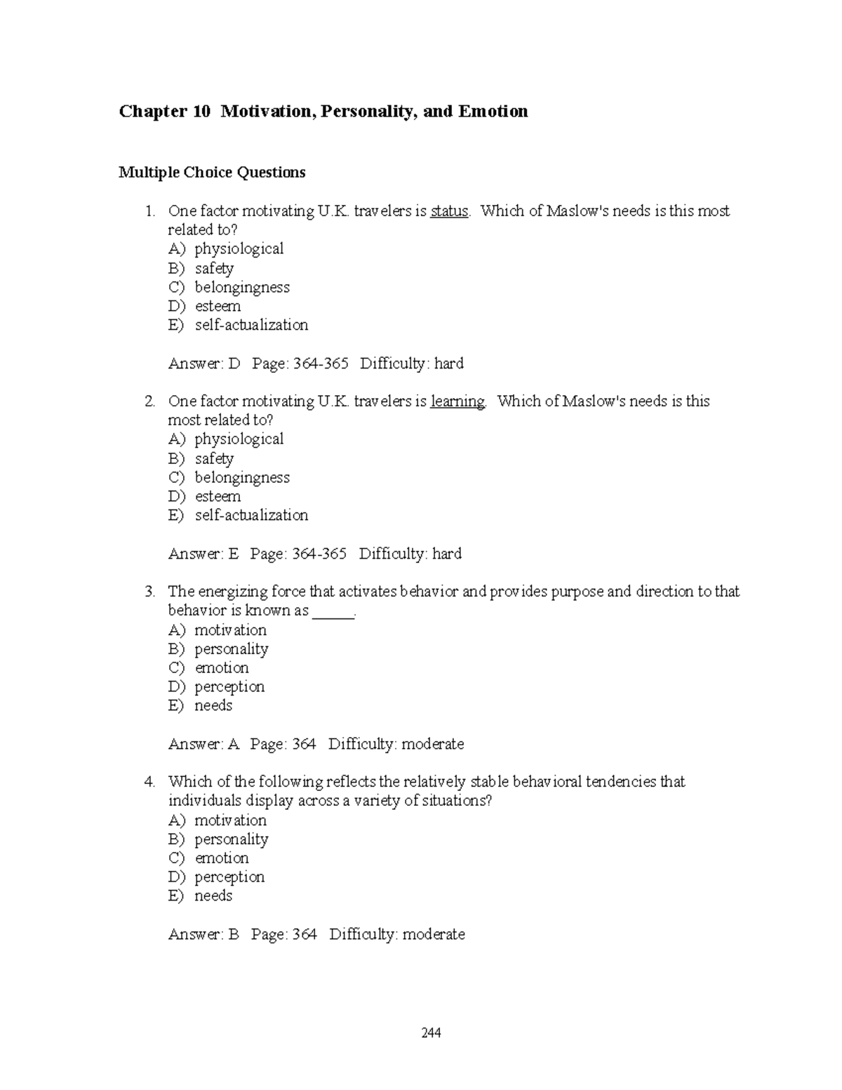 CHAP010 - Chapter 10 Motivation, Personality, and Emotion Multiple ...