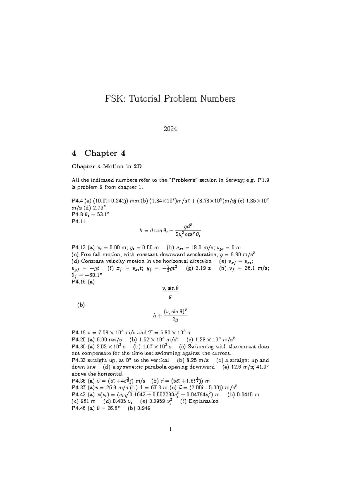 FSK116 Problems Chpt 4 - FSK: Tutorial Problem Numbers 2024 4 Chapter 4 Chapter 4 Motion in 2D ...