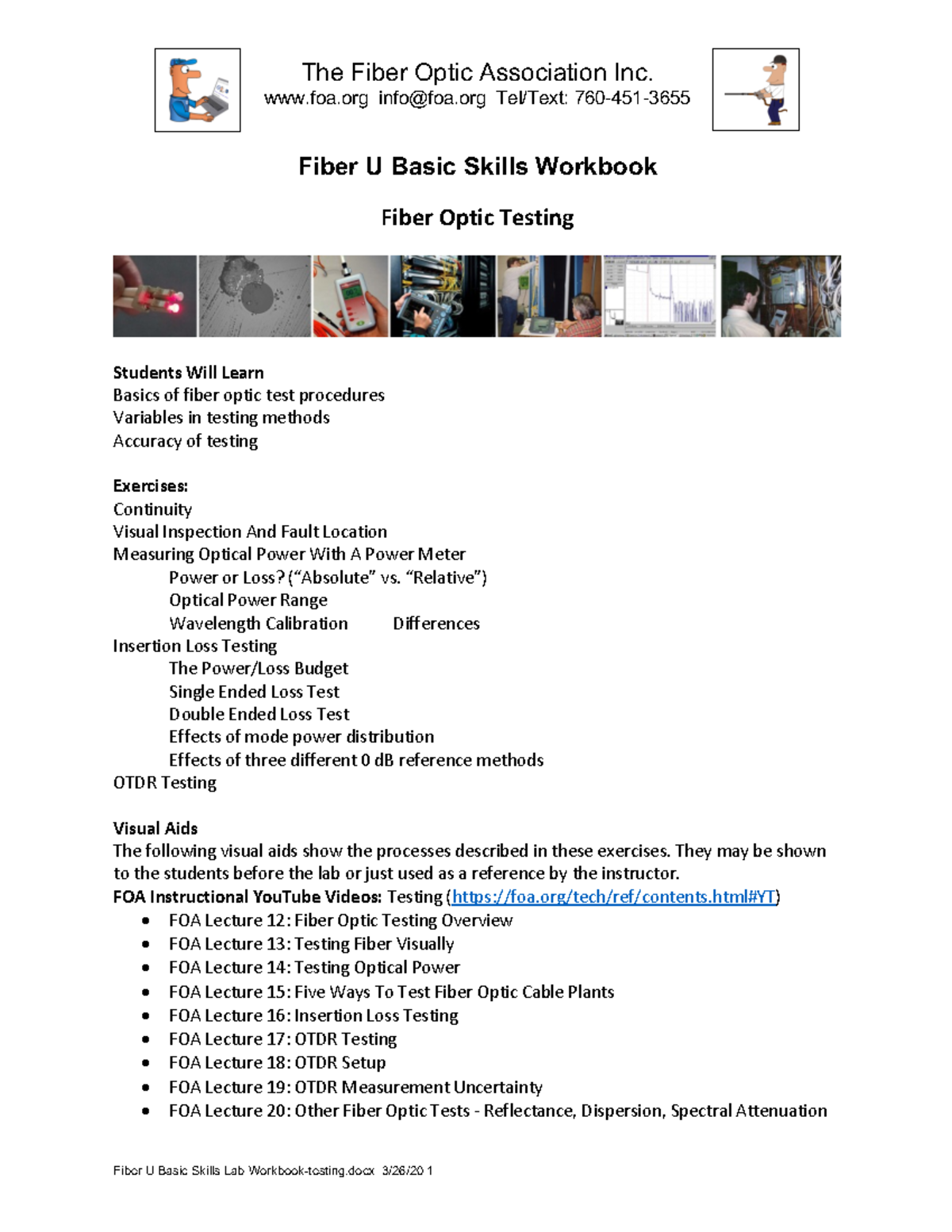 Fiber Basic Skills Lab Workbook-testing - foa info@foa Tel/Text: 760 ...