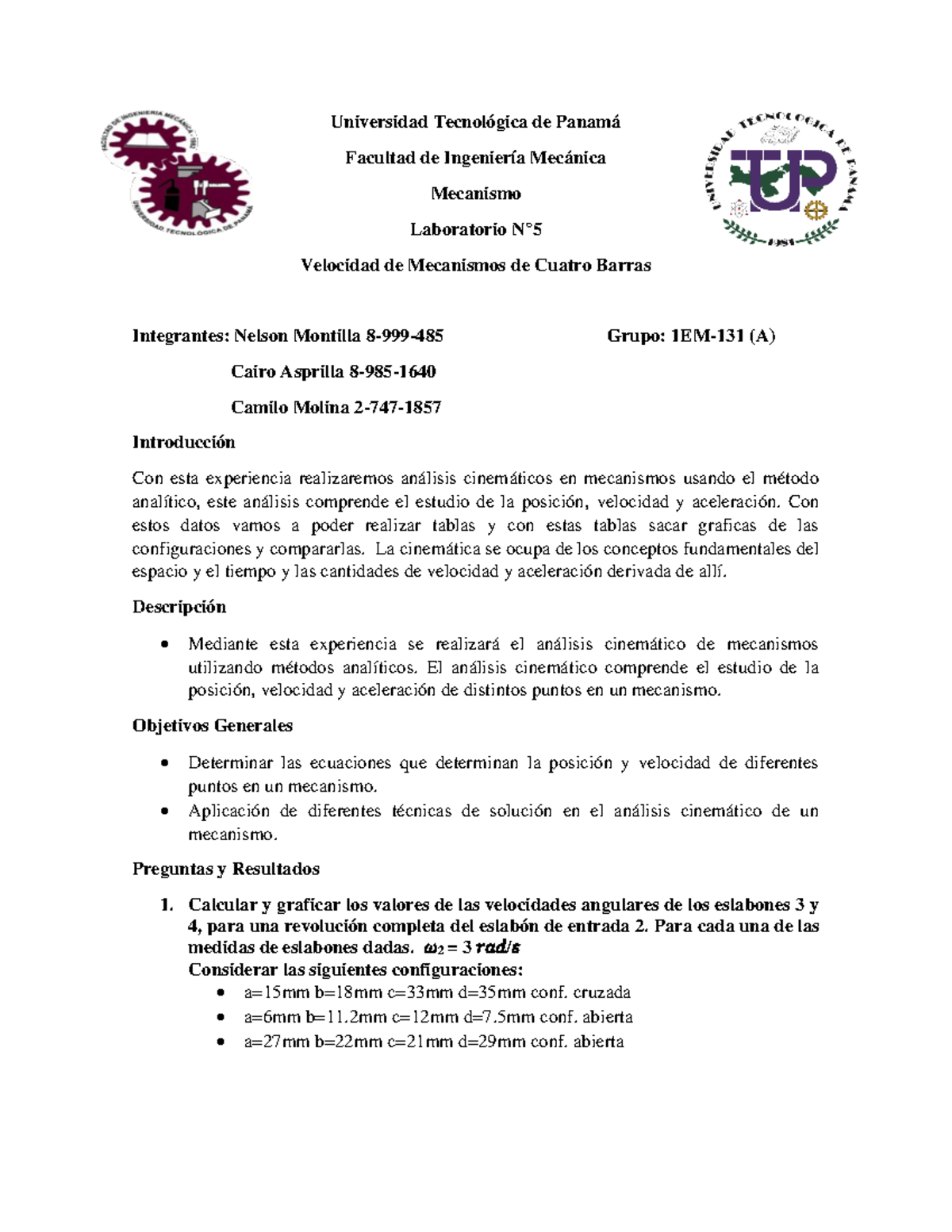 Laboratorio N°5-Lab.MEC. 1EM131 - Universidad Tecnológica de Panamá Facultad de Ingeniería ...