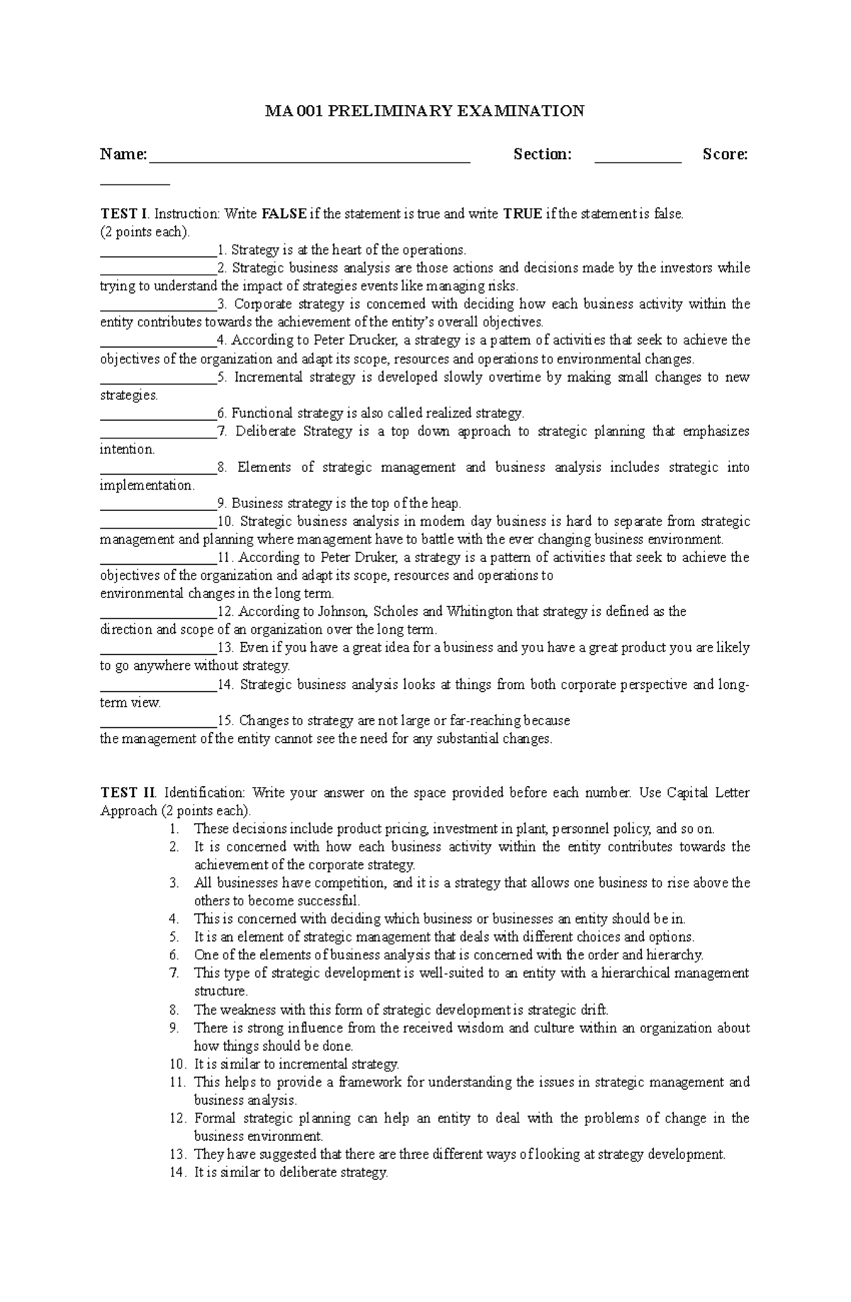 Prelim Exam - Exam - MA 001 PRELIMINARY EXAMINATION Name