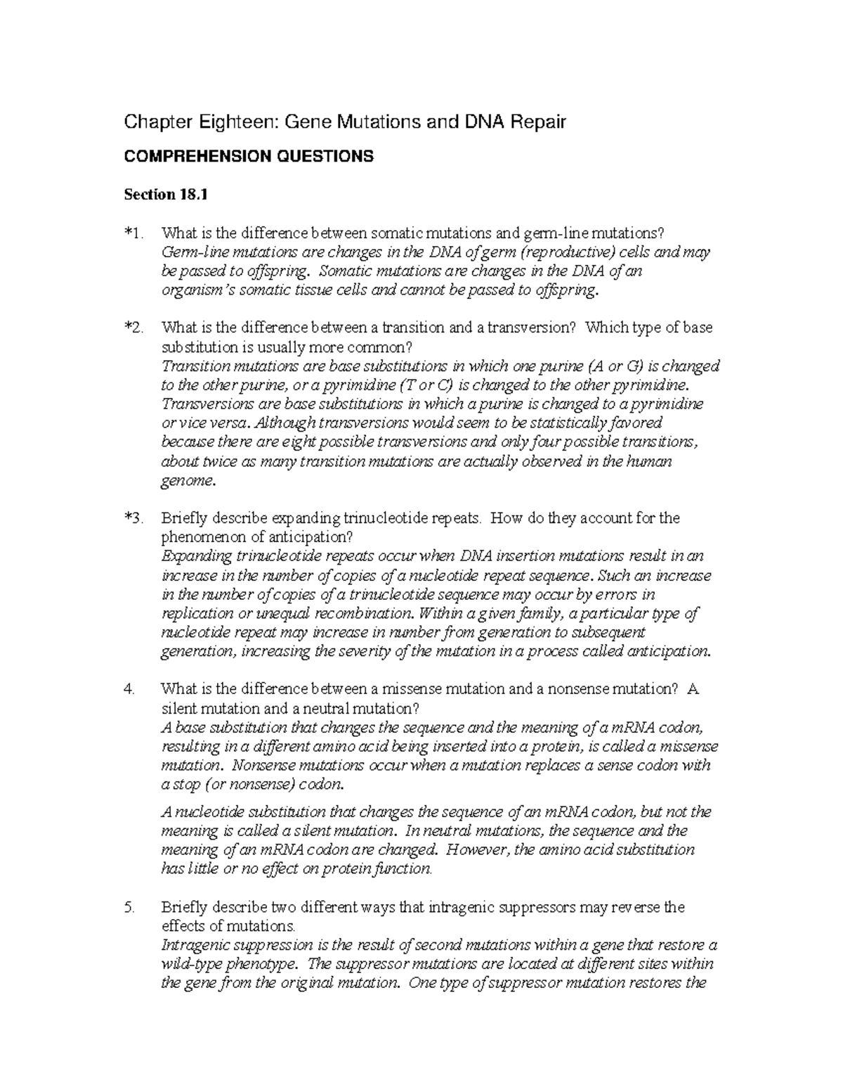 Chapter Eighteen: Gene Mutations and DNA Repair COMPREHENSION QUESTIONS ...