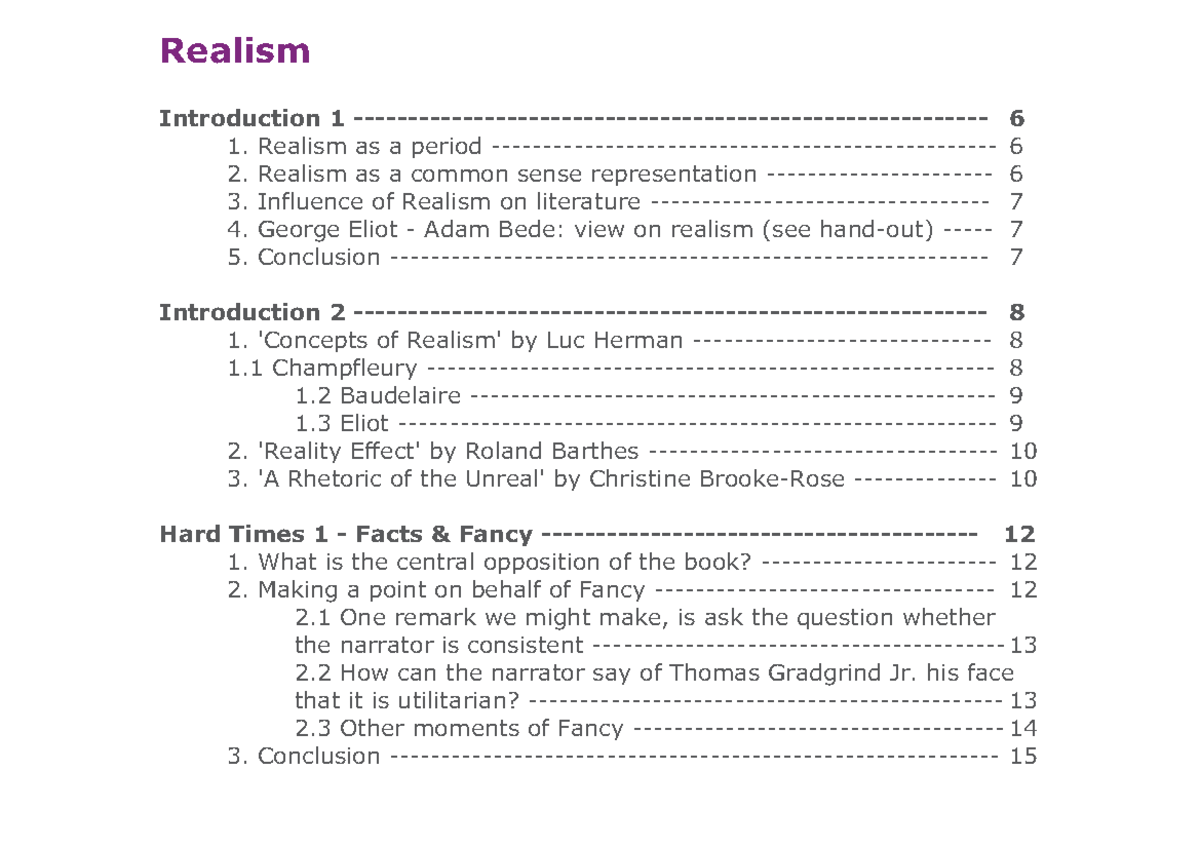 Notes Literary texts in English 2: realism, Lecture 1-15 - Realism ...