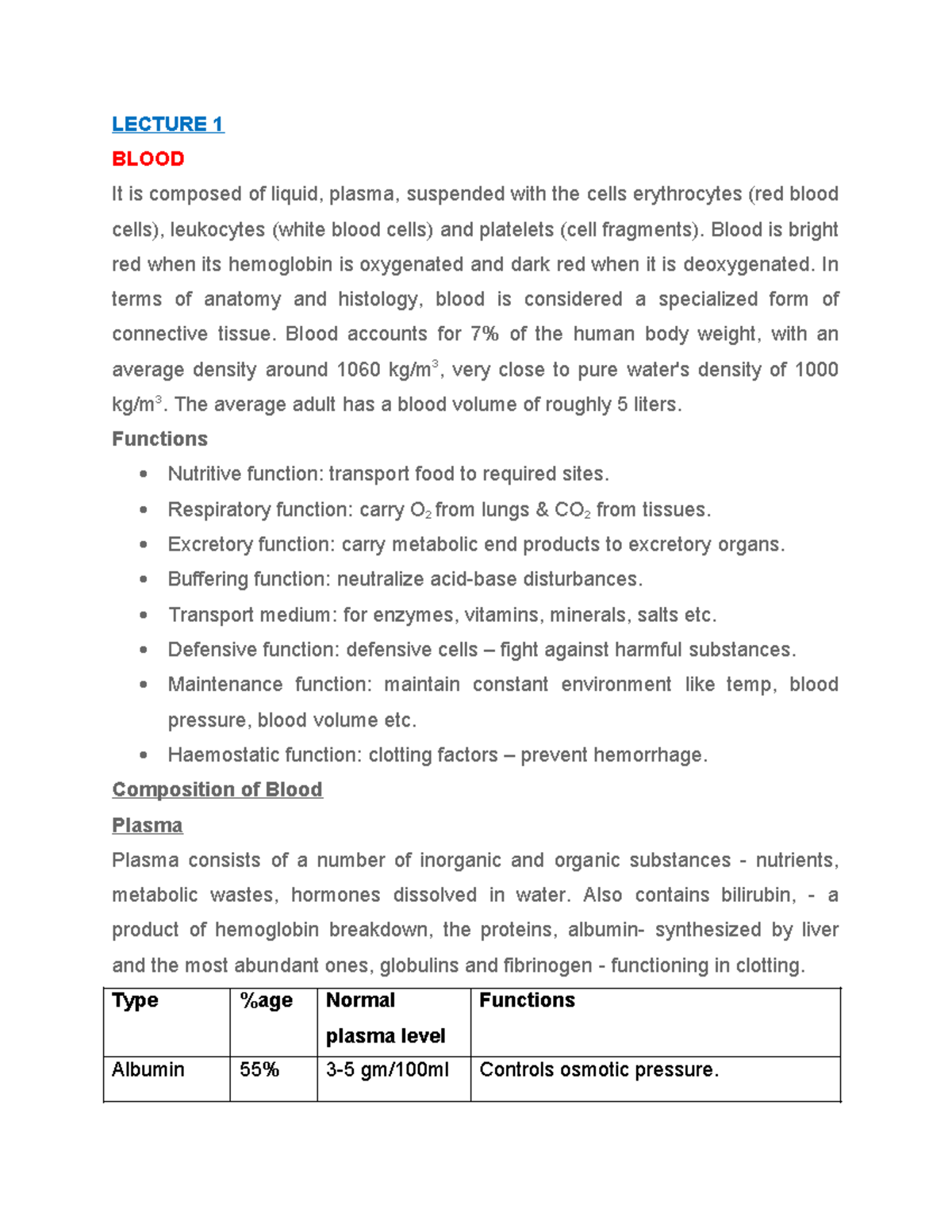 Circulation Chapter - LECTURE 1 BLOOD It is composed of liquid, plasma ...