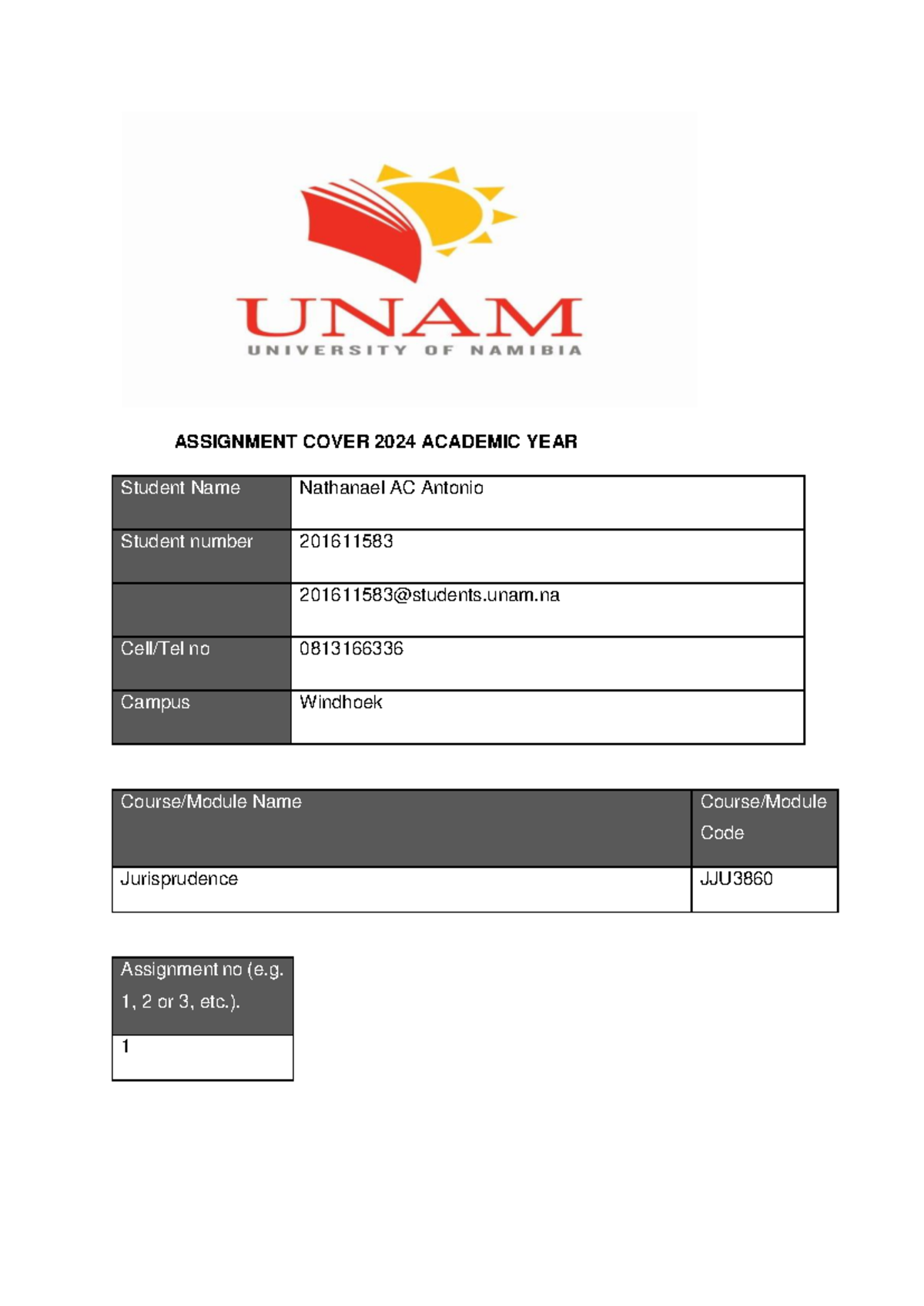 Juris 1 - ASSIGNMENT COVER 2024 ACADEMIC YEAR Student Name Nathanael AC ...
