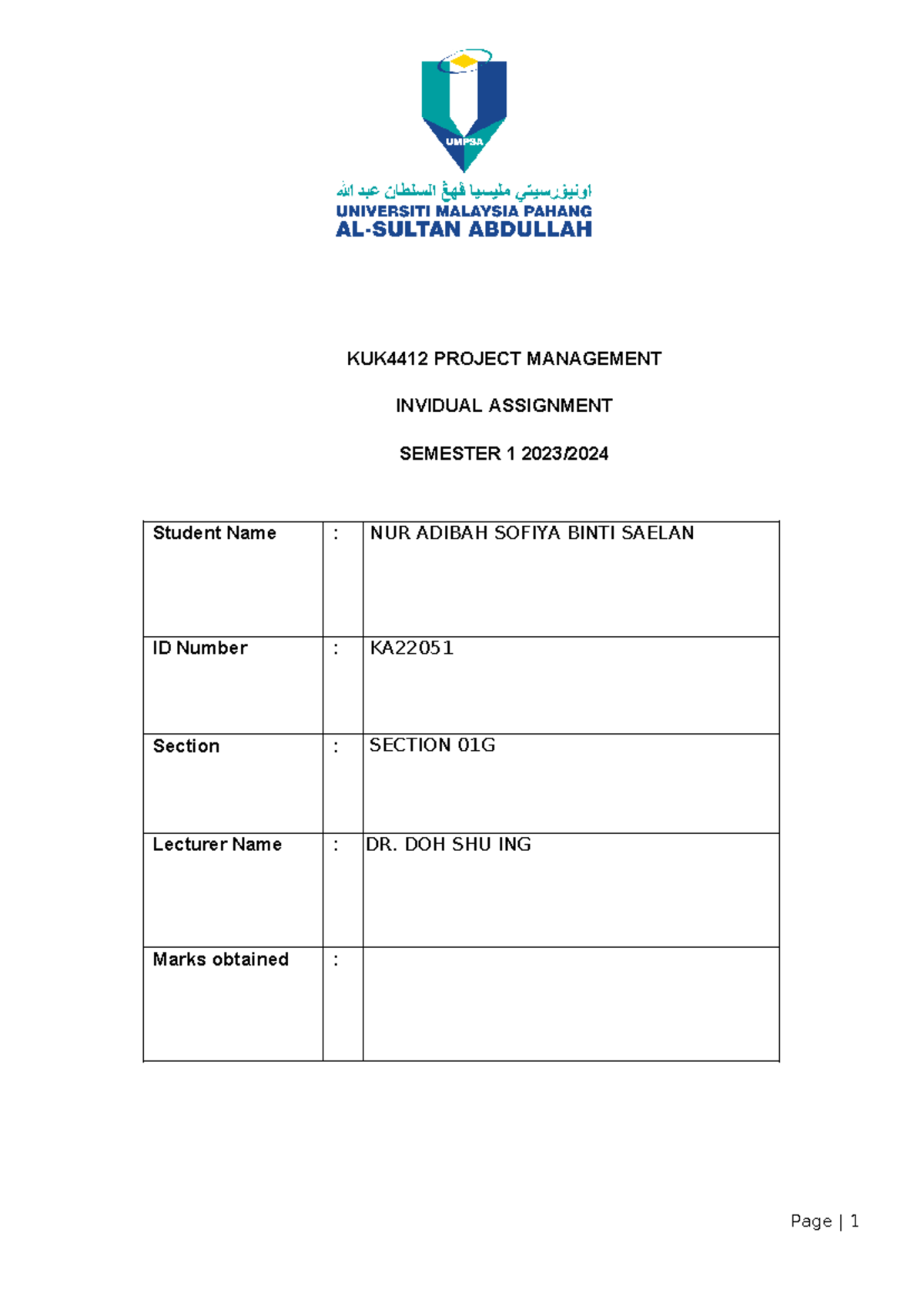 Project Management individual assignment - KUK4412 PROJECT MANAGEMENT ...