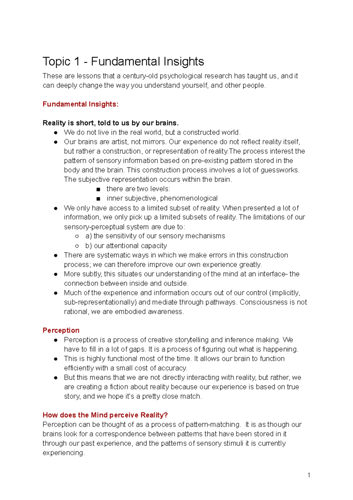 PSY100H1 UTSG Lecture Notes Topic 1 - Fundamental Insights - Topic 1 ...