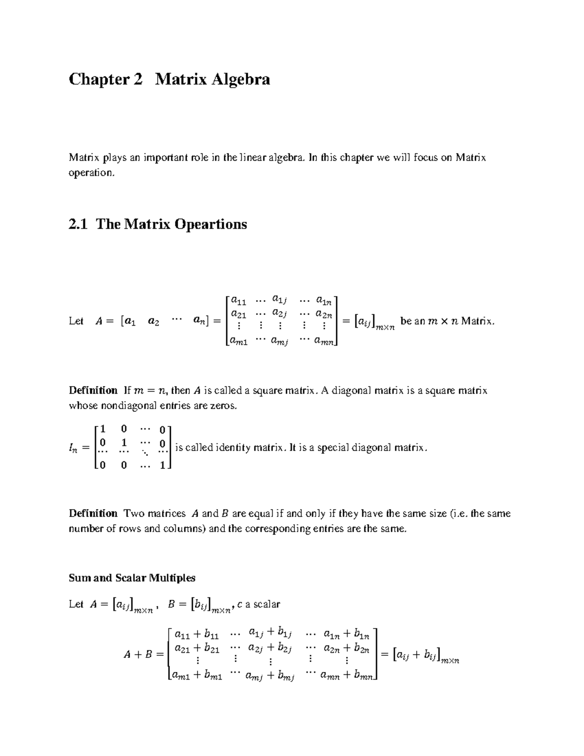 Class note5 - teacher notes - Chapter 2 Matrix Algebra Matrix plays an ...