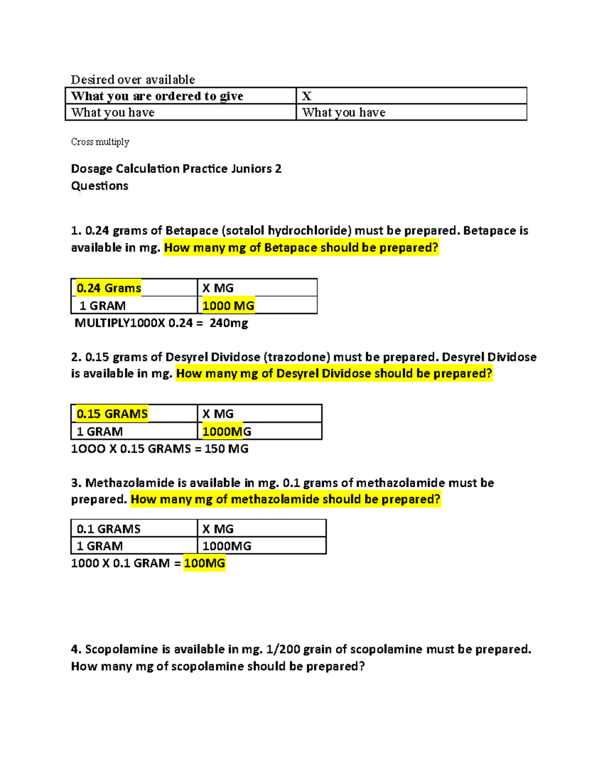 Dosage Calculation Juniors - with answers PB - Desired over available ...