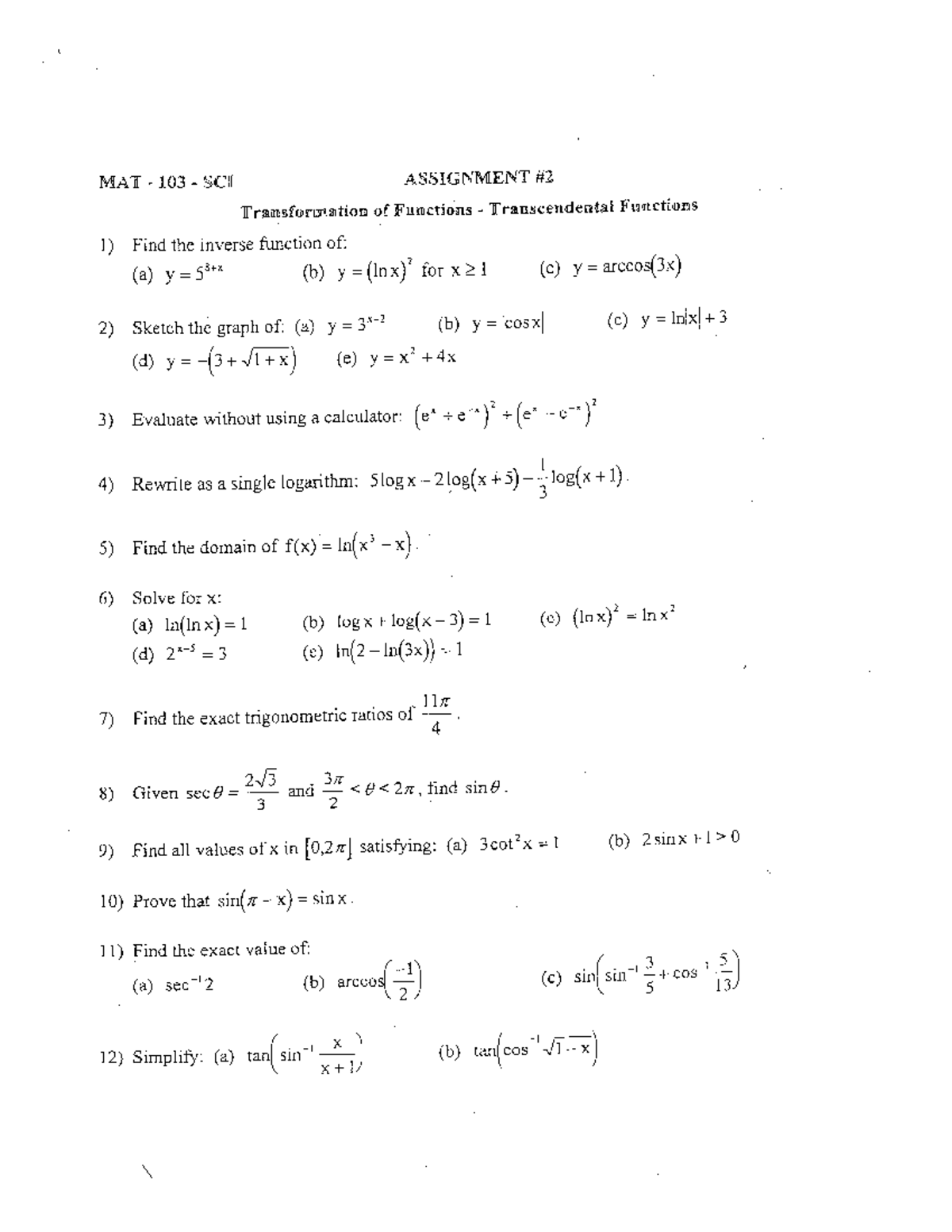 Assignment 2. Transformation of Functions - Transcendental Functions ...