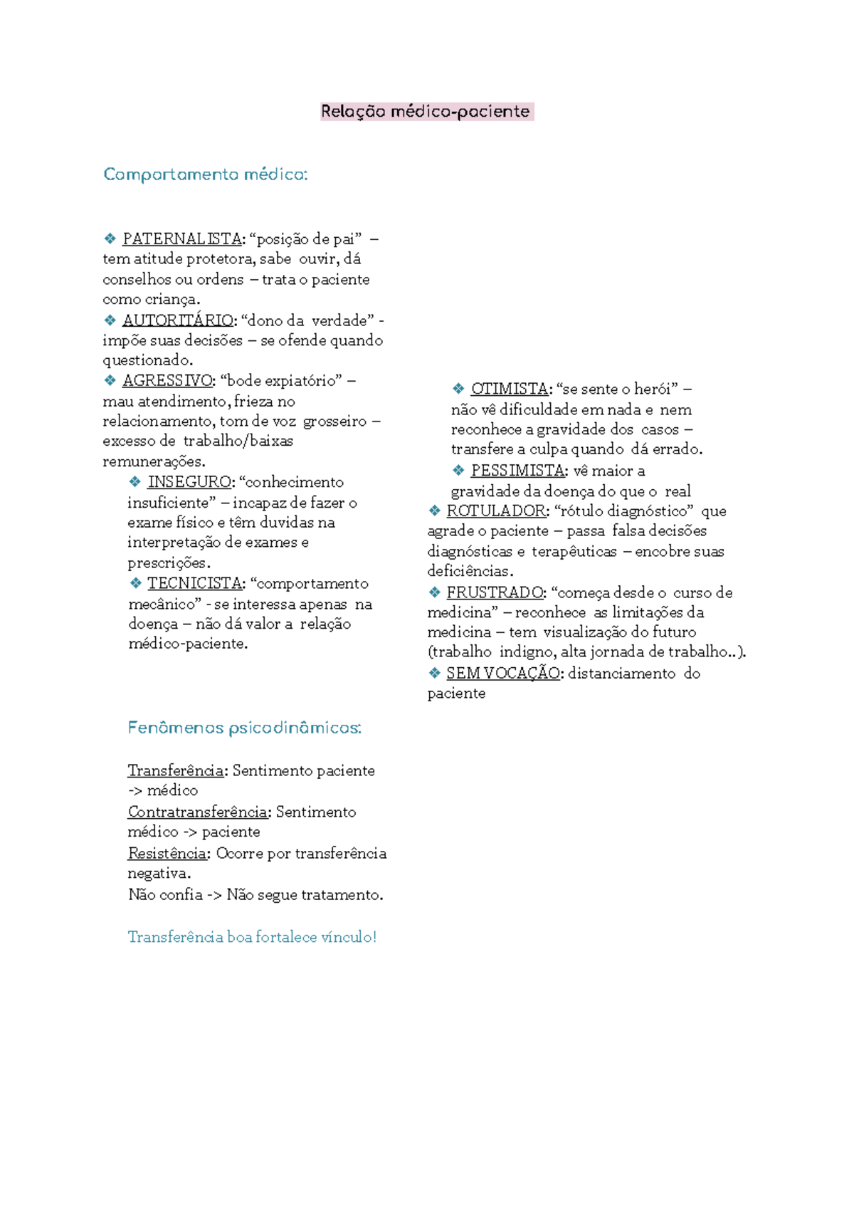 HAM I - Resumos ciclo básico - Relação médico-paciente Comportamento ...