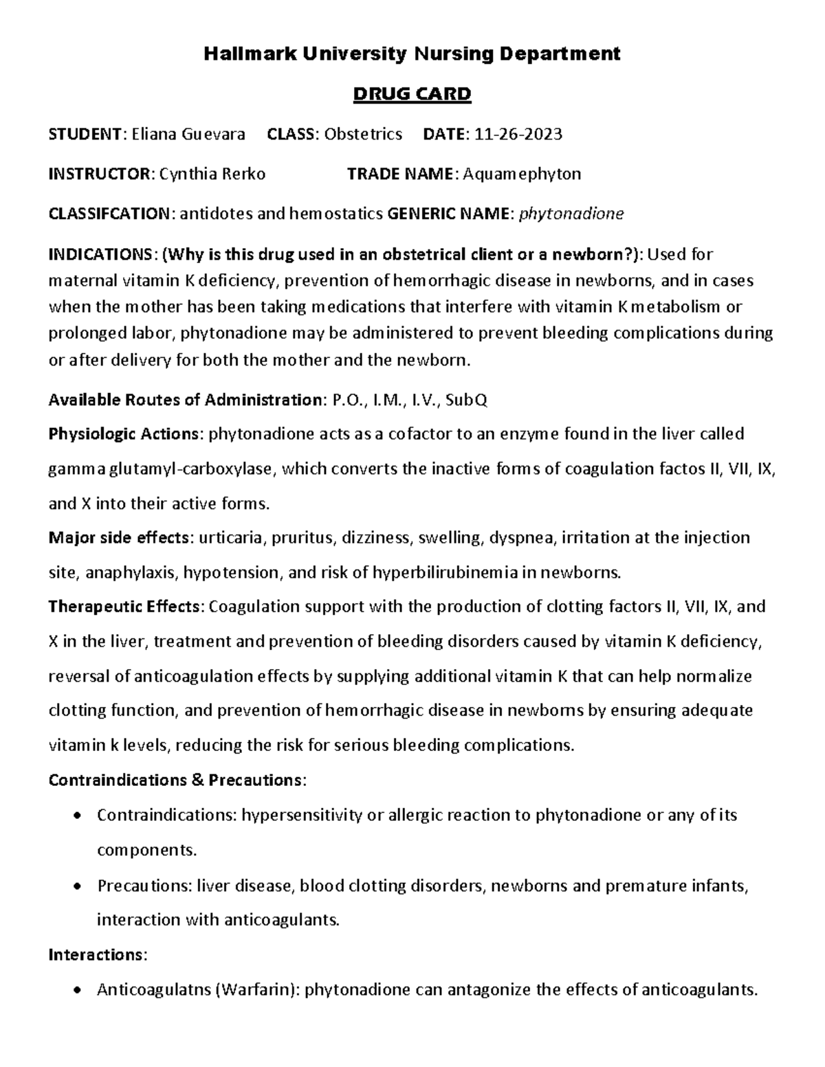 Aquamephyton Drug Card - Hallmark University Nursing Department DRUG ...