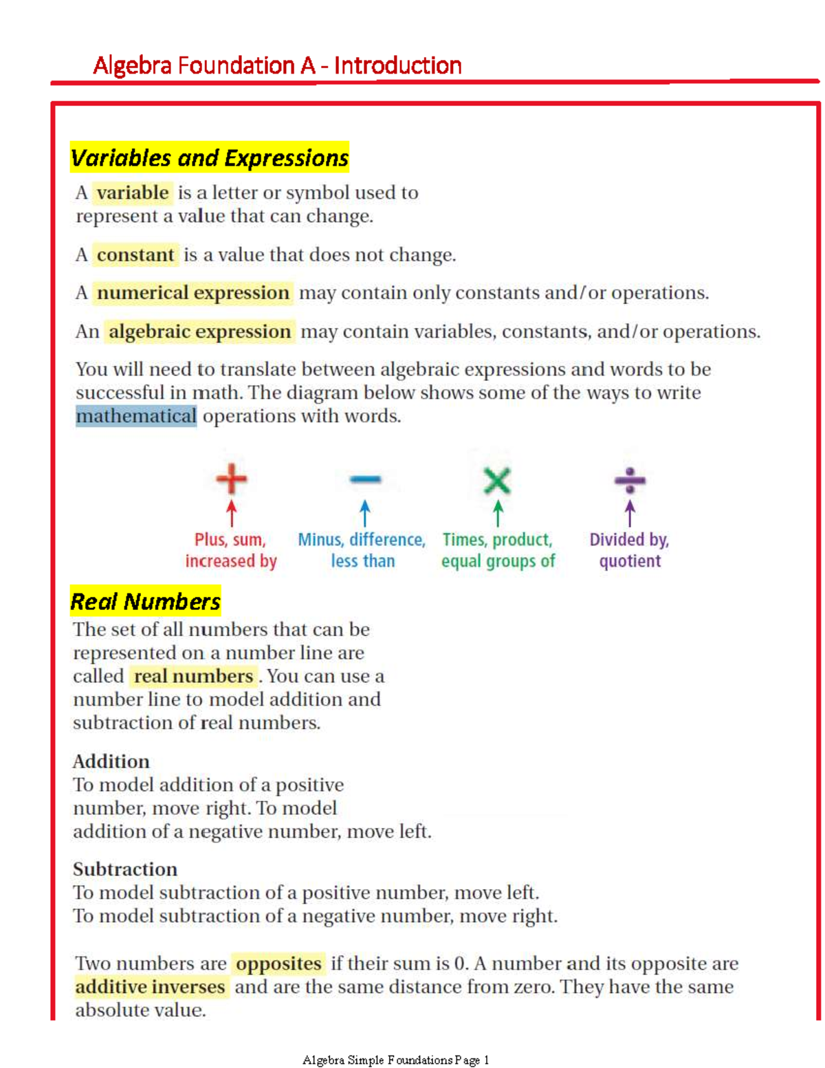 Algebra Foundation A - Introduction - Variables and Expressions Real ...