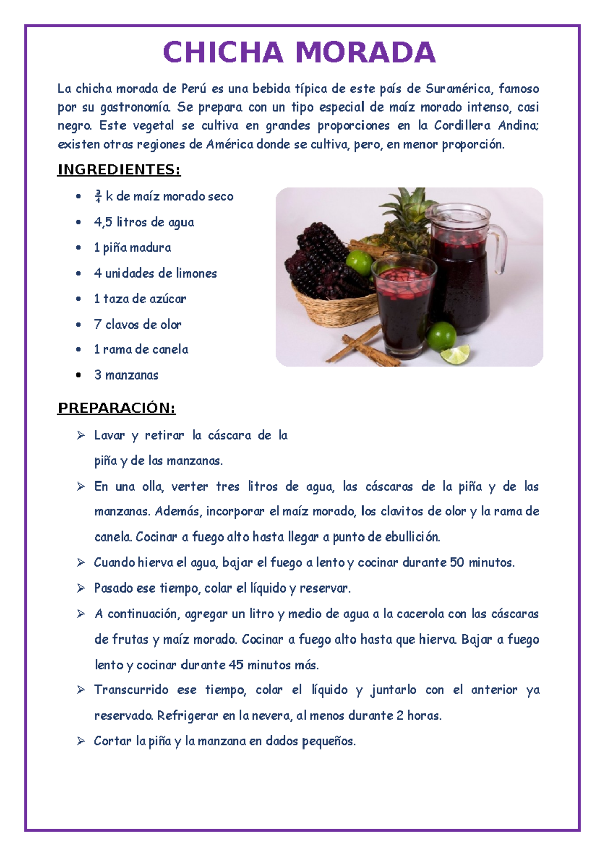 Texto Instructivo - CHICHA MORADA La chicha morada de Perú es una ...