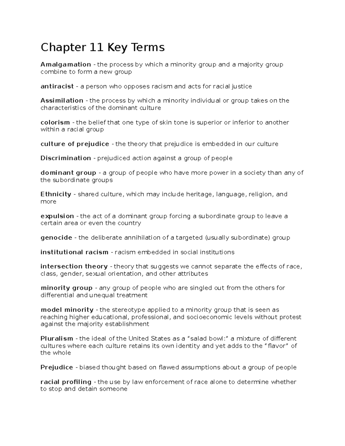 Chapter 11 Key Terms - Chapter 11 Key Terms Amalgamation - the process by which a minority group ...