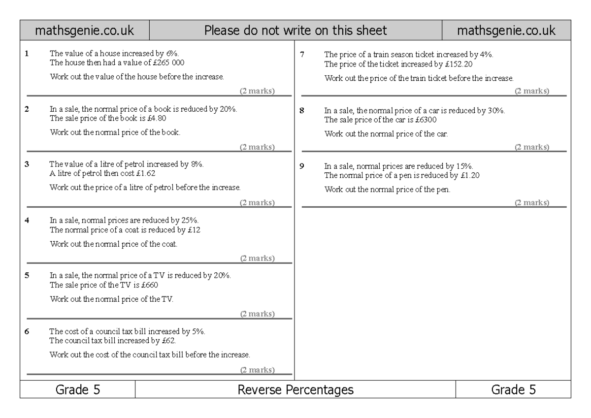 5 reverse percentages ws - mathsgenie.co Grade 5 Reverse Percentages ...