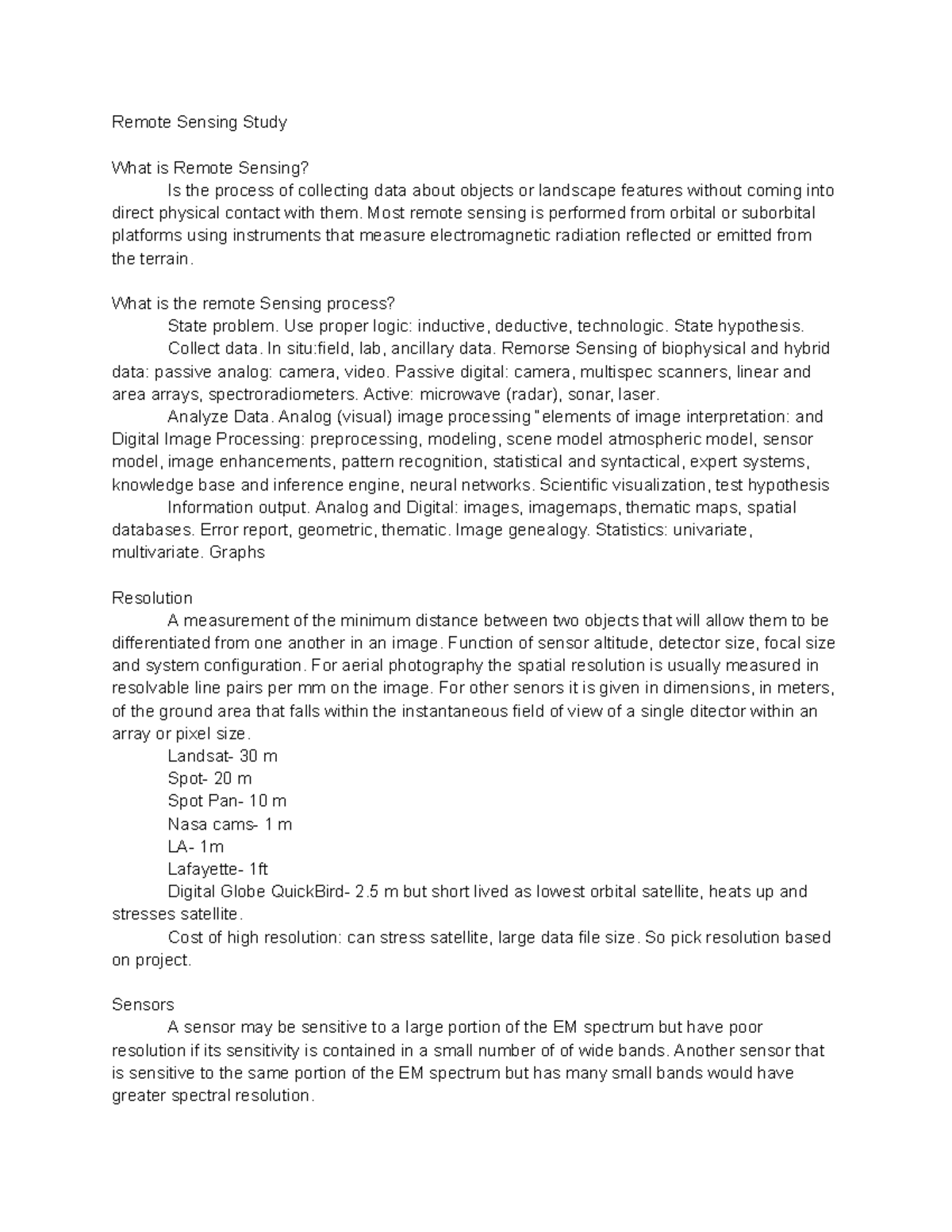Remote Sensing Study - Google Docs - Remote Sensing Study What is Remote Sensing? Is the process ...