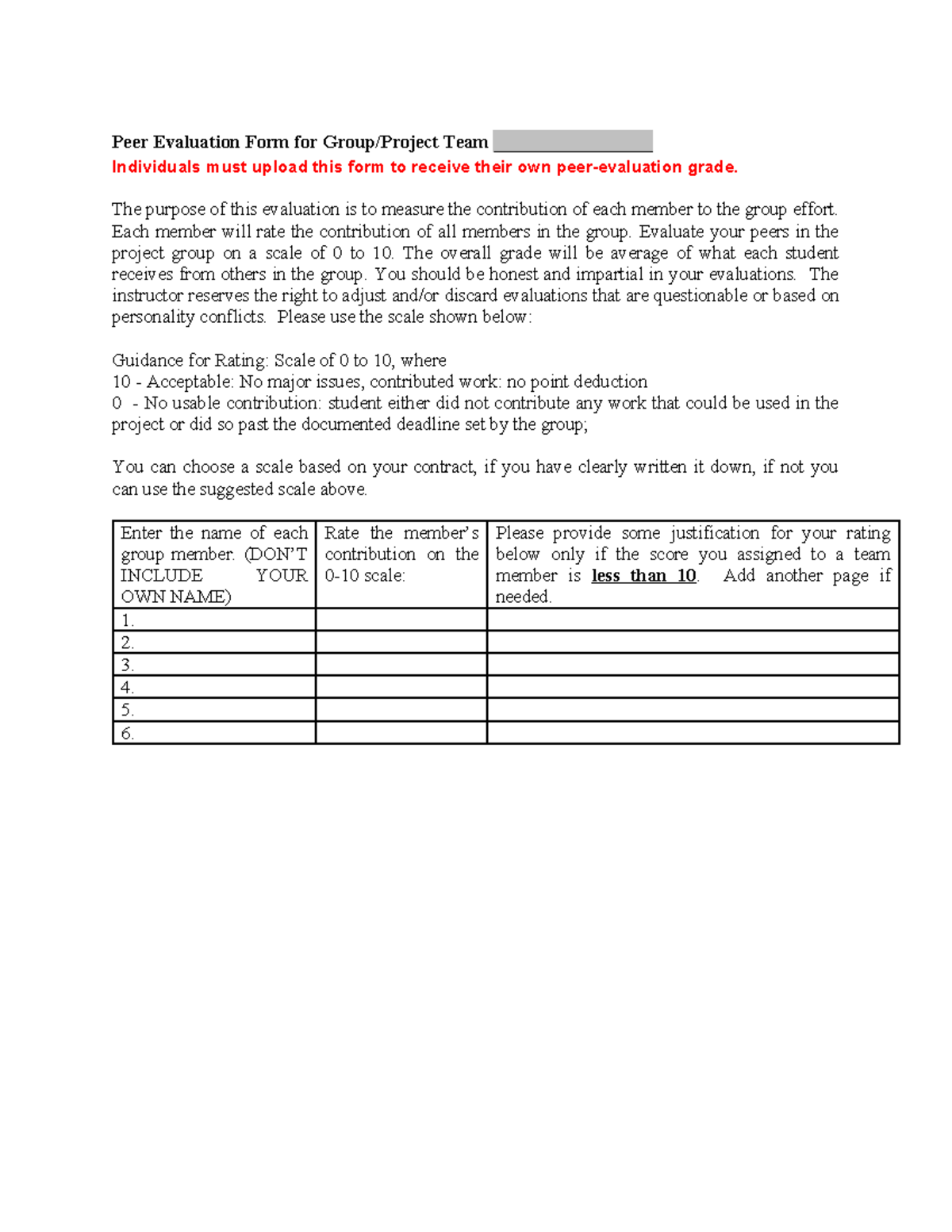 Peer Evaluation Form - peer eval - Peer Evaluation Form for Group ...