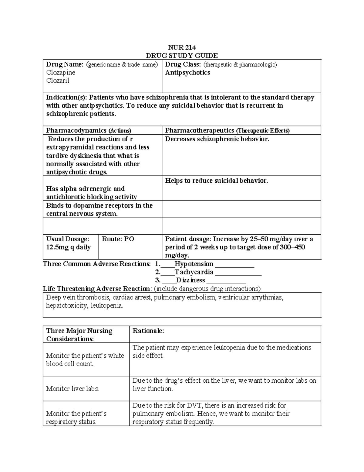 Clozapine - Med card - NUR 214 DRUG STUDY GUIDE Drug Name: (generic ...