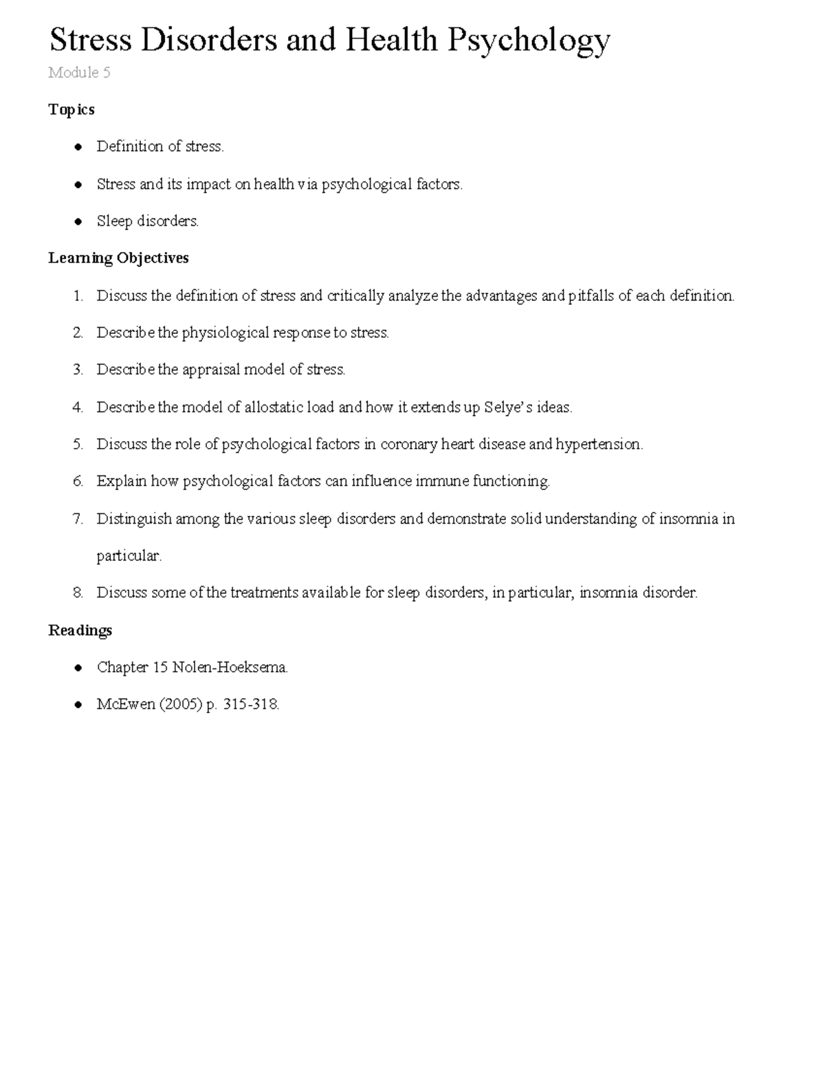 Module 5 Lecture Notes and Textbook Notes - Stress Disorders and Health ...