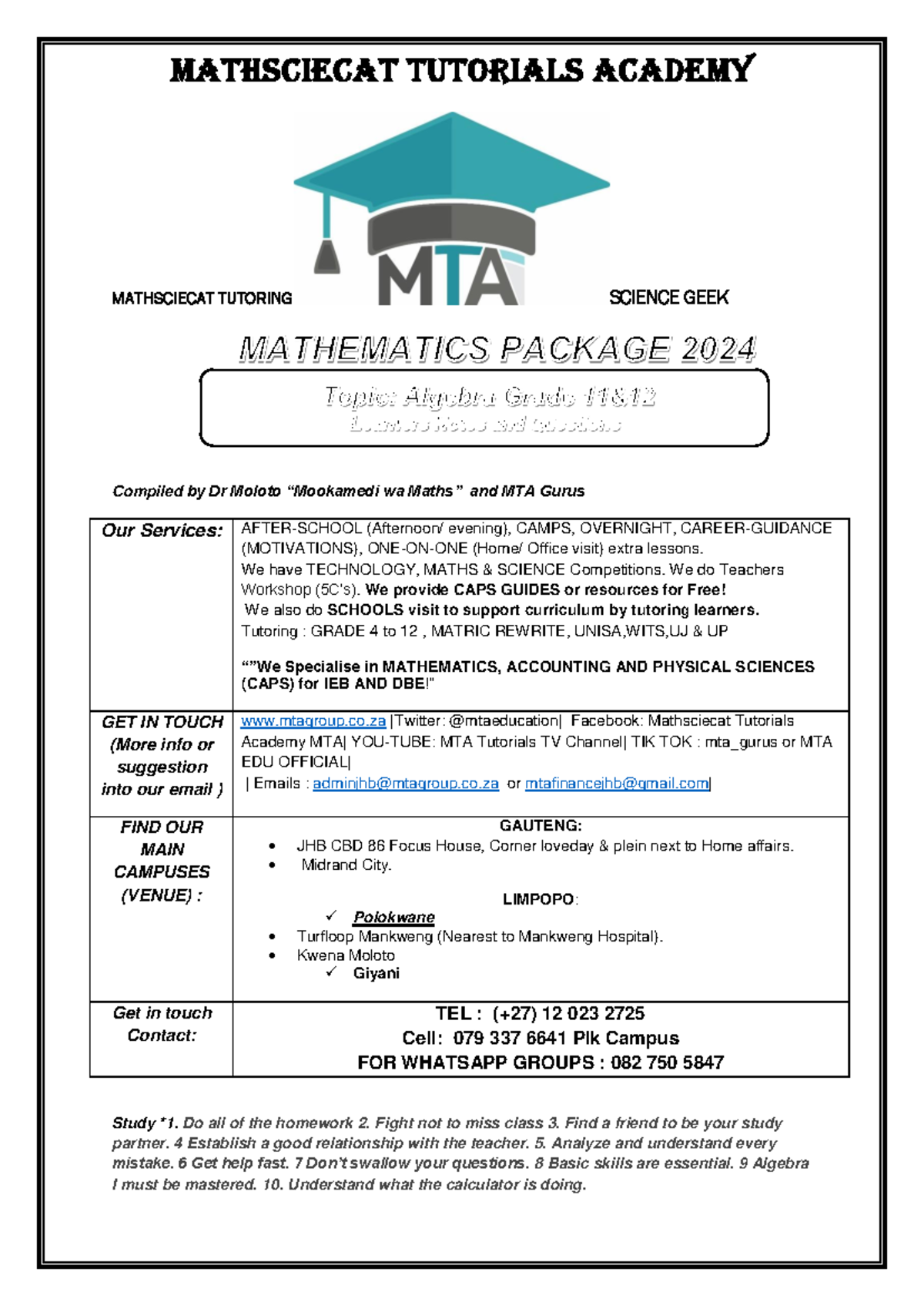 MTA Algebra term 1 2024 package 1 - mathsciecat tutorials academy ...