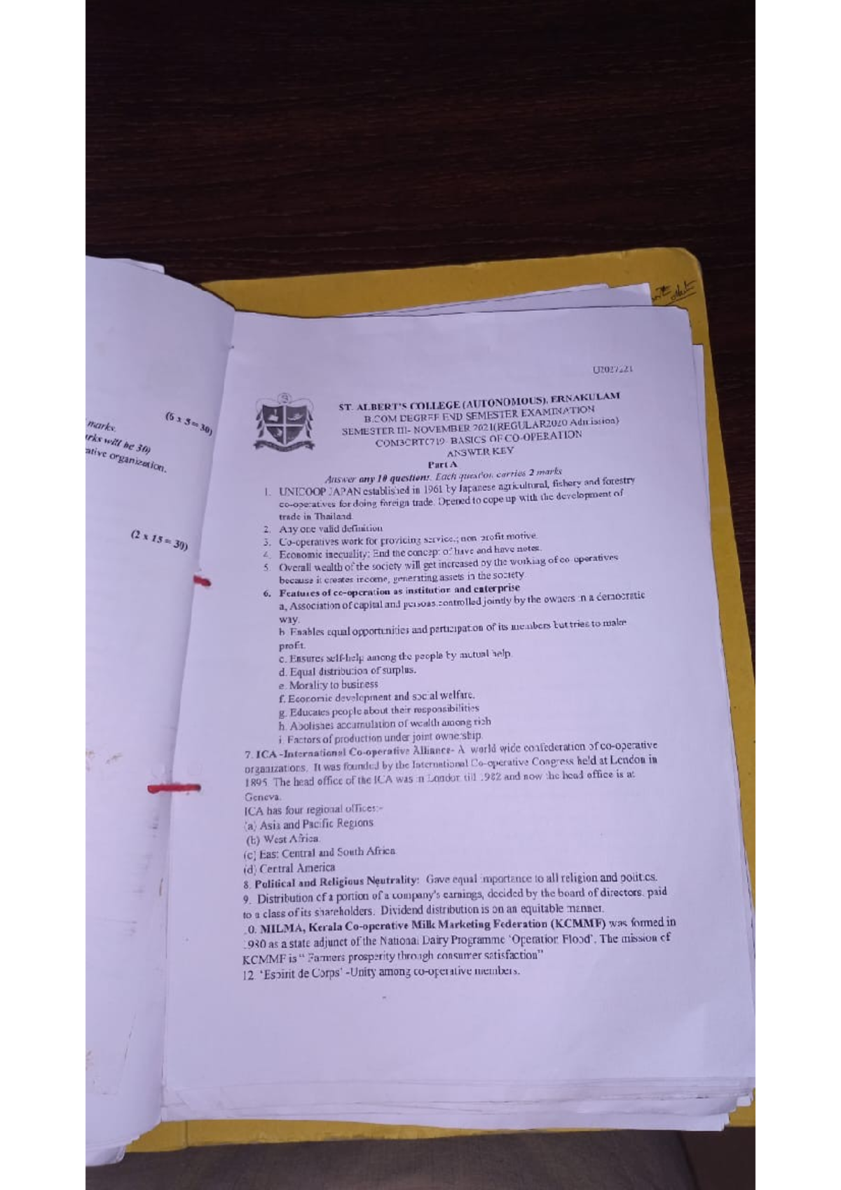 Answer key , 3rd semester of basis of cooperation subject 2023 , it's only for bcom cooperation ...