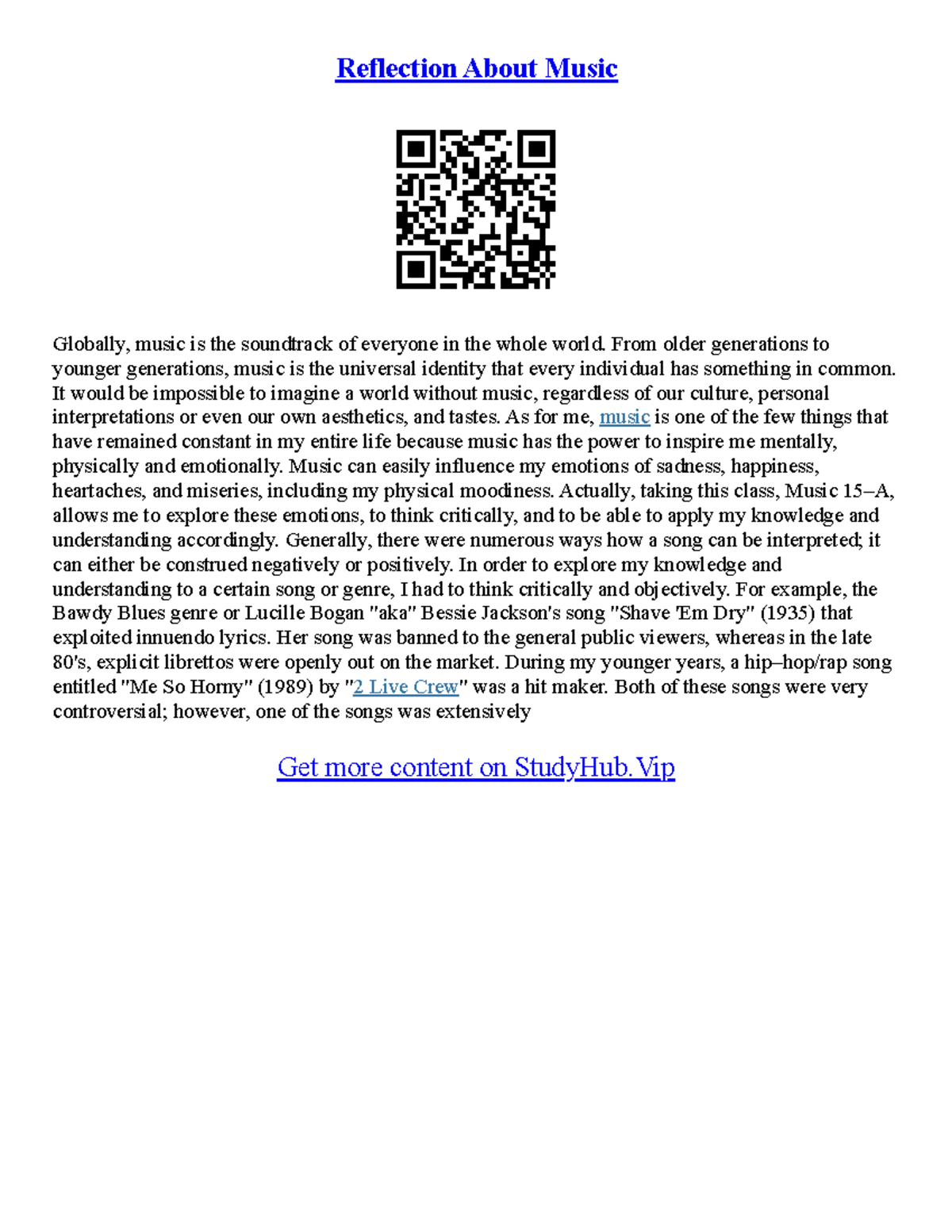 Music College Essay - Reflection About Music Globally, music is the ...