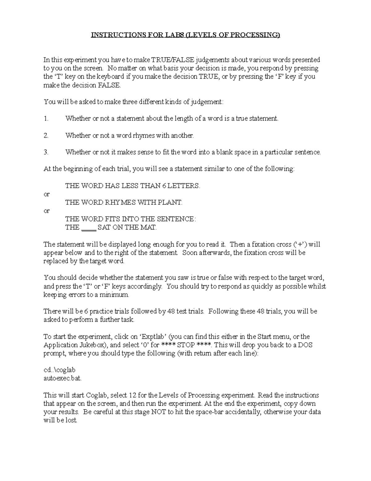 Levels of processing - handout - INSTRUCTIONS FOR LAB8 (LEVELS OF ...