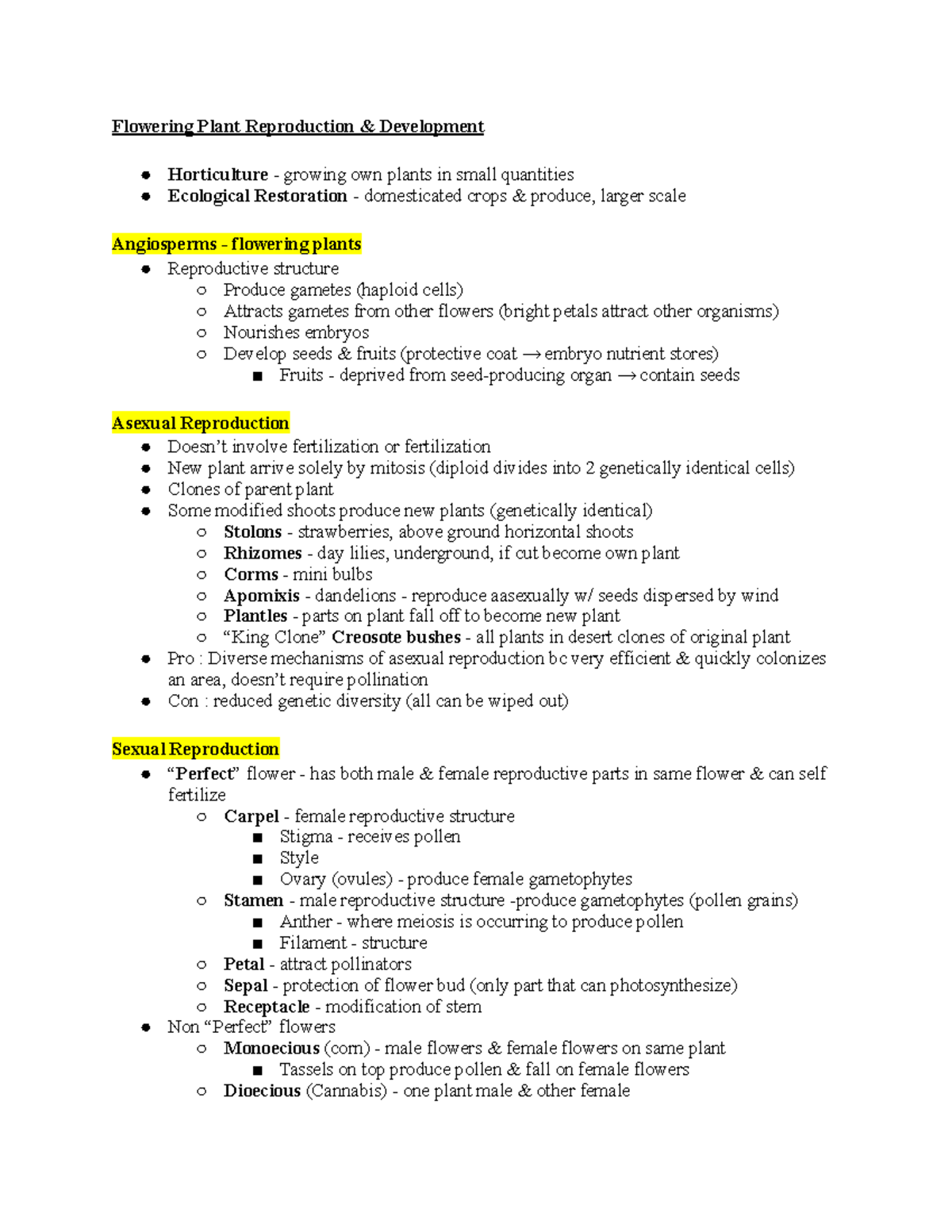 Biology Lecture 7 Notes - Flowering Plant Reproduction & Development ...